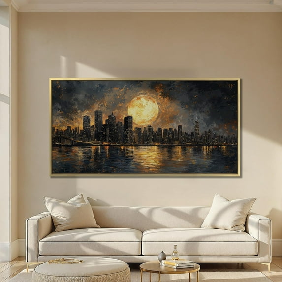 City Skyline With Full Moon Wall Art Urban Nightscape Poster Moonlight ...