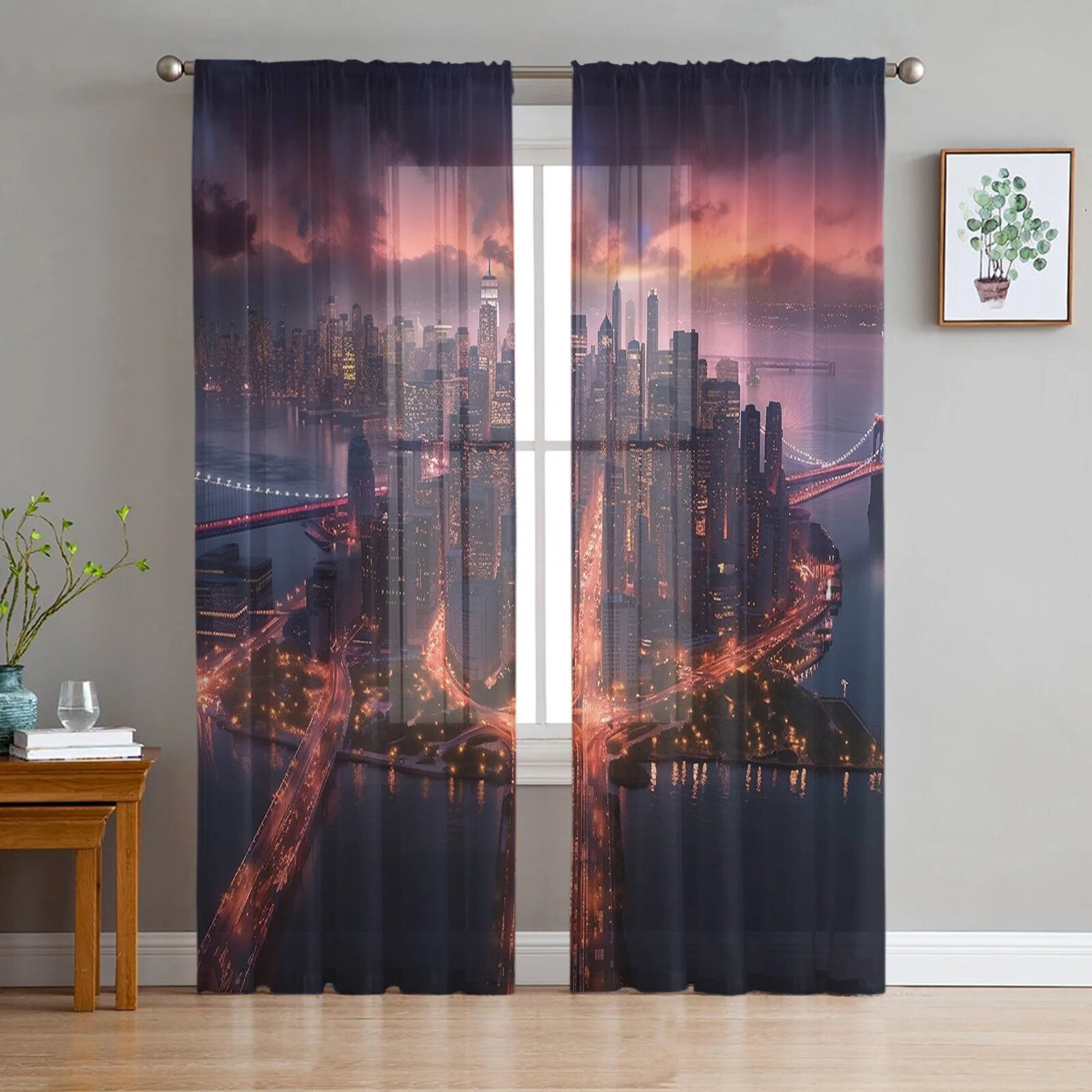 City Street Sky Gradient High Building Sheer Voile Curtain for Living ...