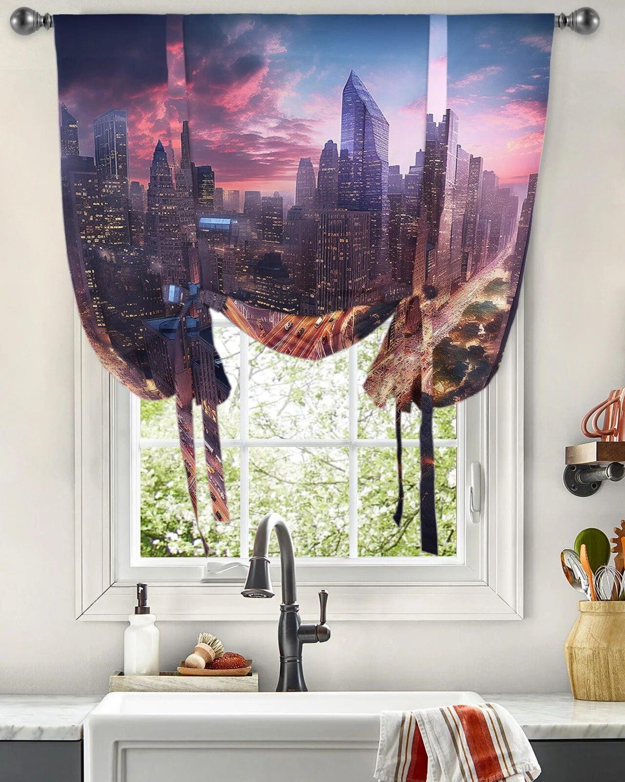 City Street Sky Gradient High Building Window Curtain for Living Room ...