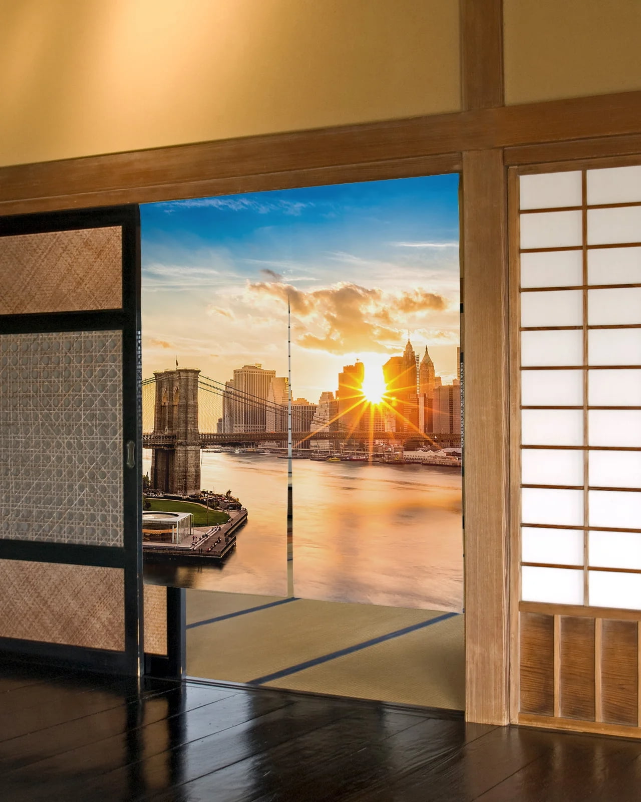 City Sunset Bridge Dusk Building Door Curtain Kitchen Japanese Style ...
