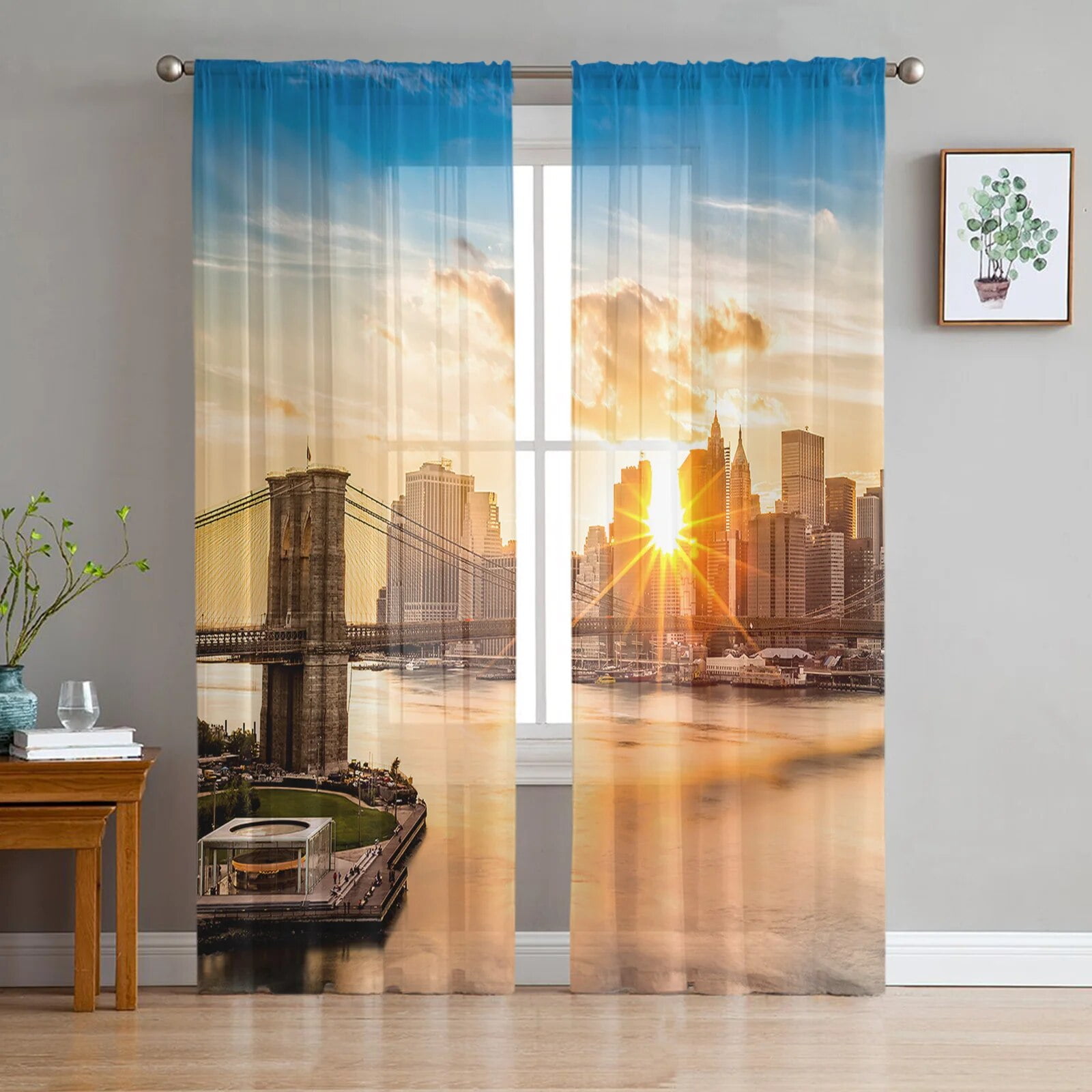 City Sunset Bridge Dusk Building Modern Tulle Curtains for Living Room ...