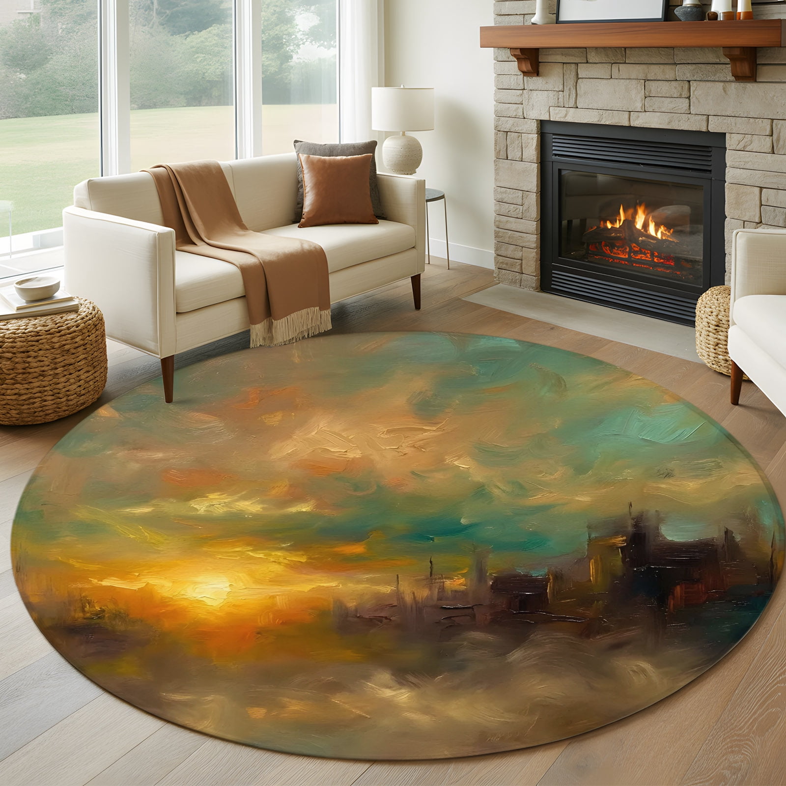City Sunset Landscape 8FT Round Area Rugs for Living Room Gradient ...