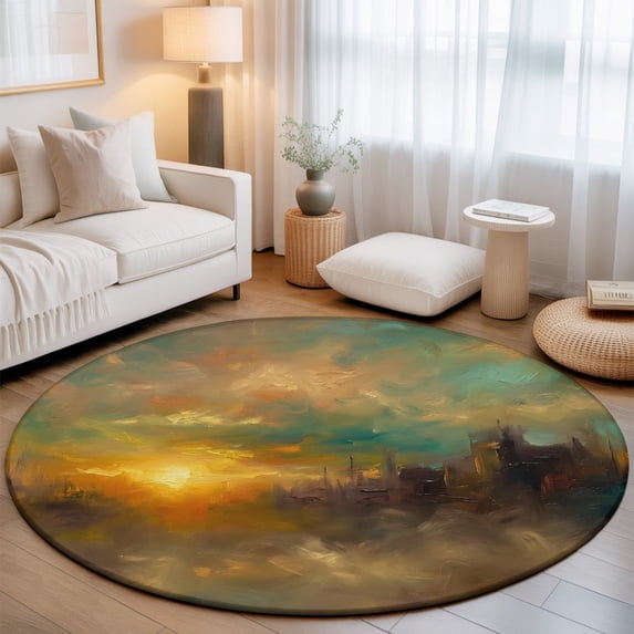 City Sunset Landscape Washable Round Area Rug 8 ft, Gradient Clouds ...