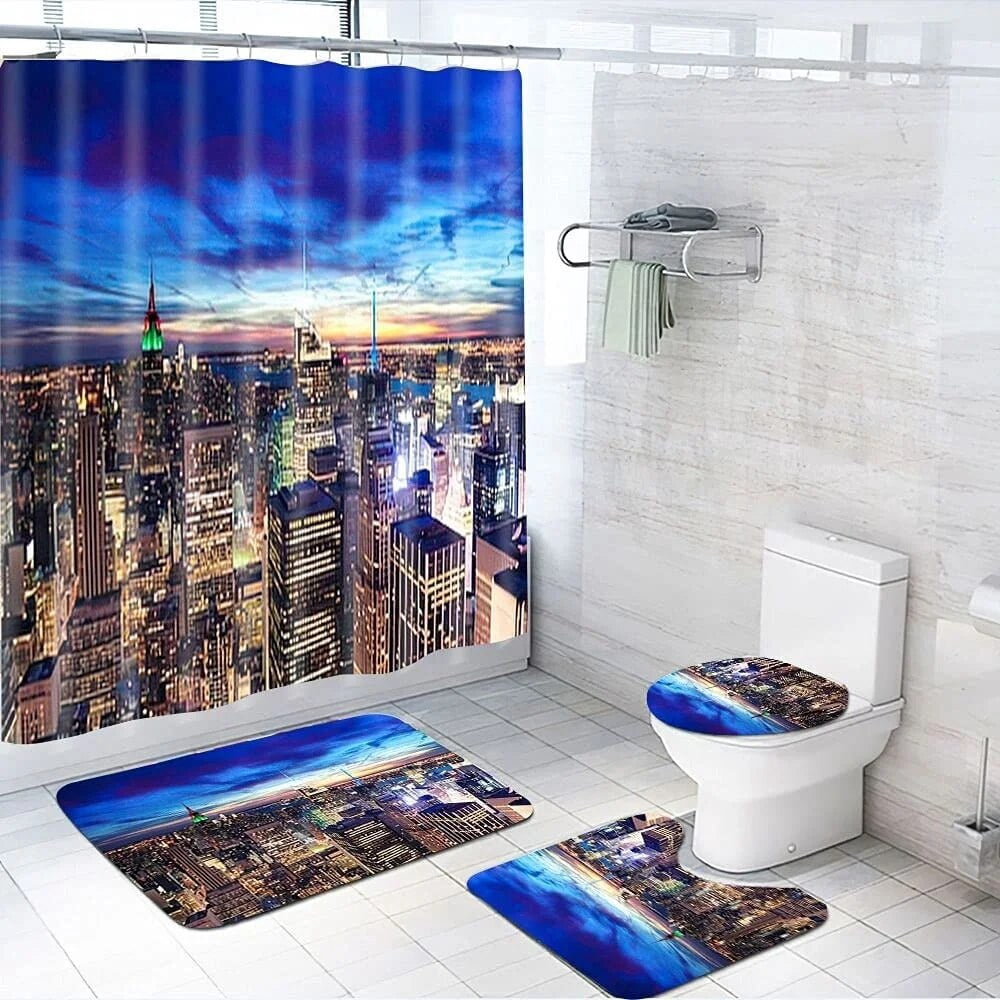 City Sunset Skyscrapers Famous Town Landmark View Shower Curtain Set ...