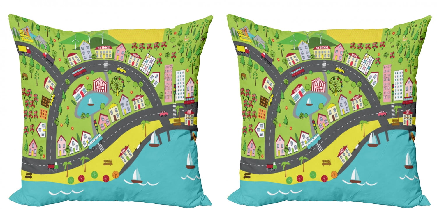 Ambesonne City Throw Pillow Cover 2 Pack, Landscape of Urban and ...