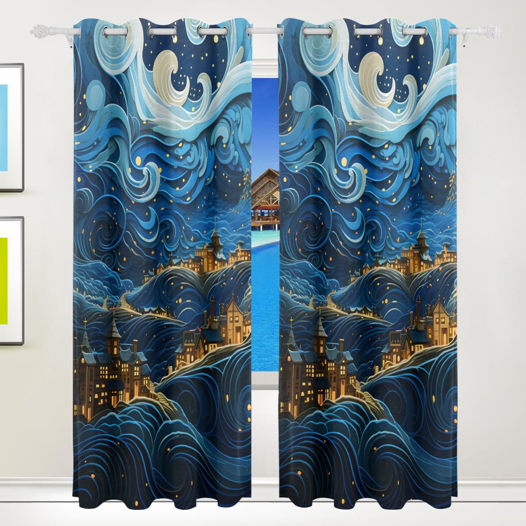 City on Wave Blackout Curtains 72 inch Length 2 Panels Grommet Drapes ...