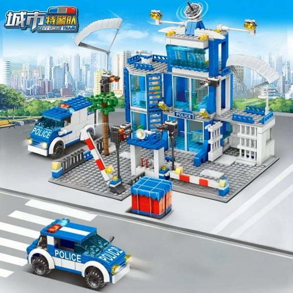 City police station building block group boy DIY car brick police ...
