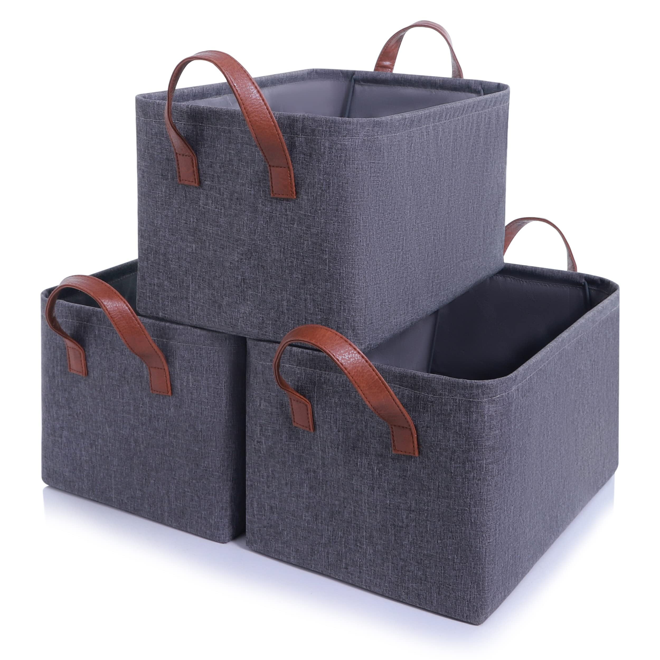 Citylife 36L Canvas Storage Basket with Handles, Metal Frame, 3 Pack ...