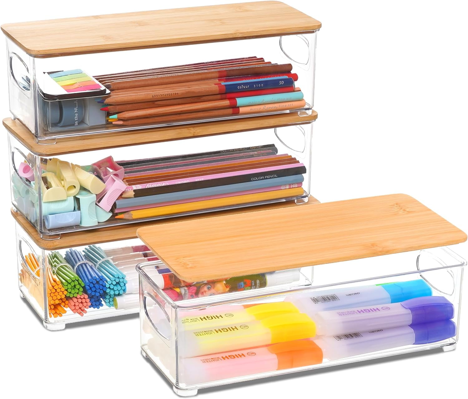Citylife 4 Packs Clear Pencil Box with Bamboo lids Plastic Storage ...