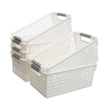 White Rectangular Plastic Shelf Organizer Basket with Handles Set of 3 ...