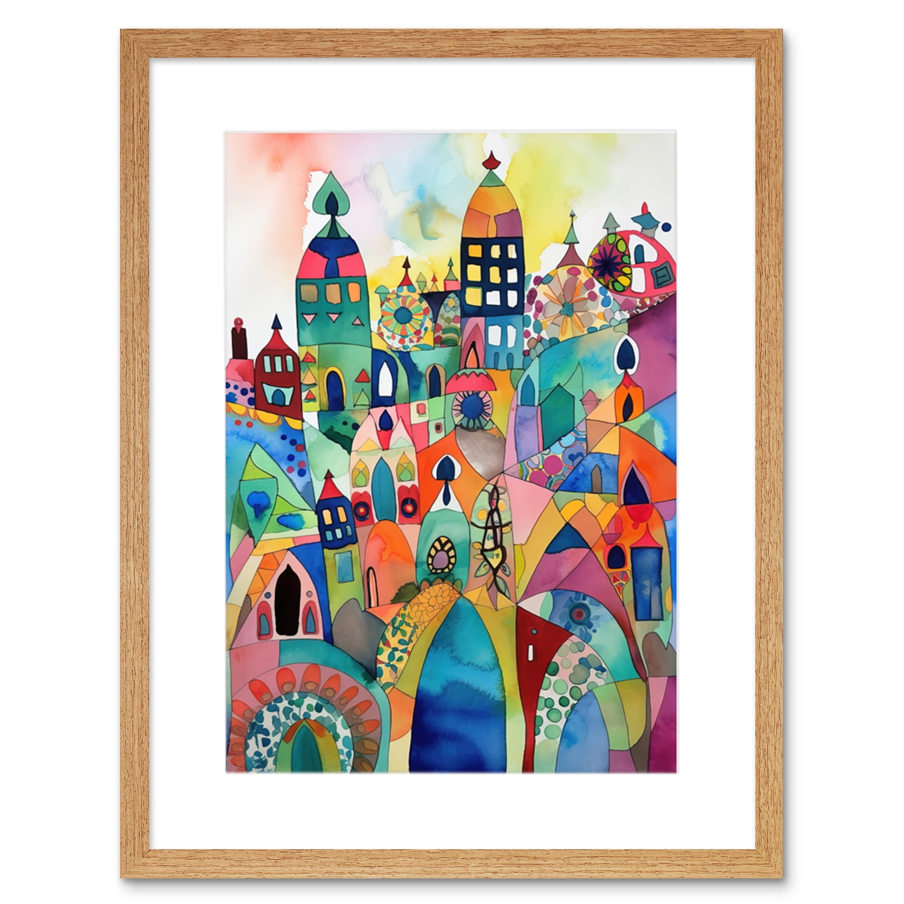 Cityscape Abstract Folk Art Vibrant Multicoloured Watercolour Painting ...