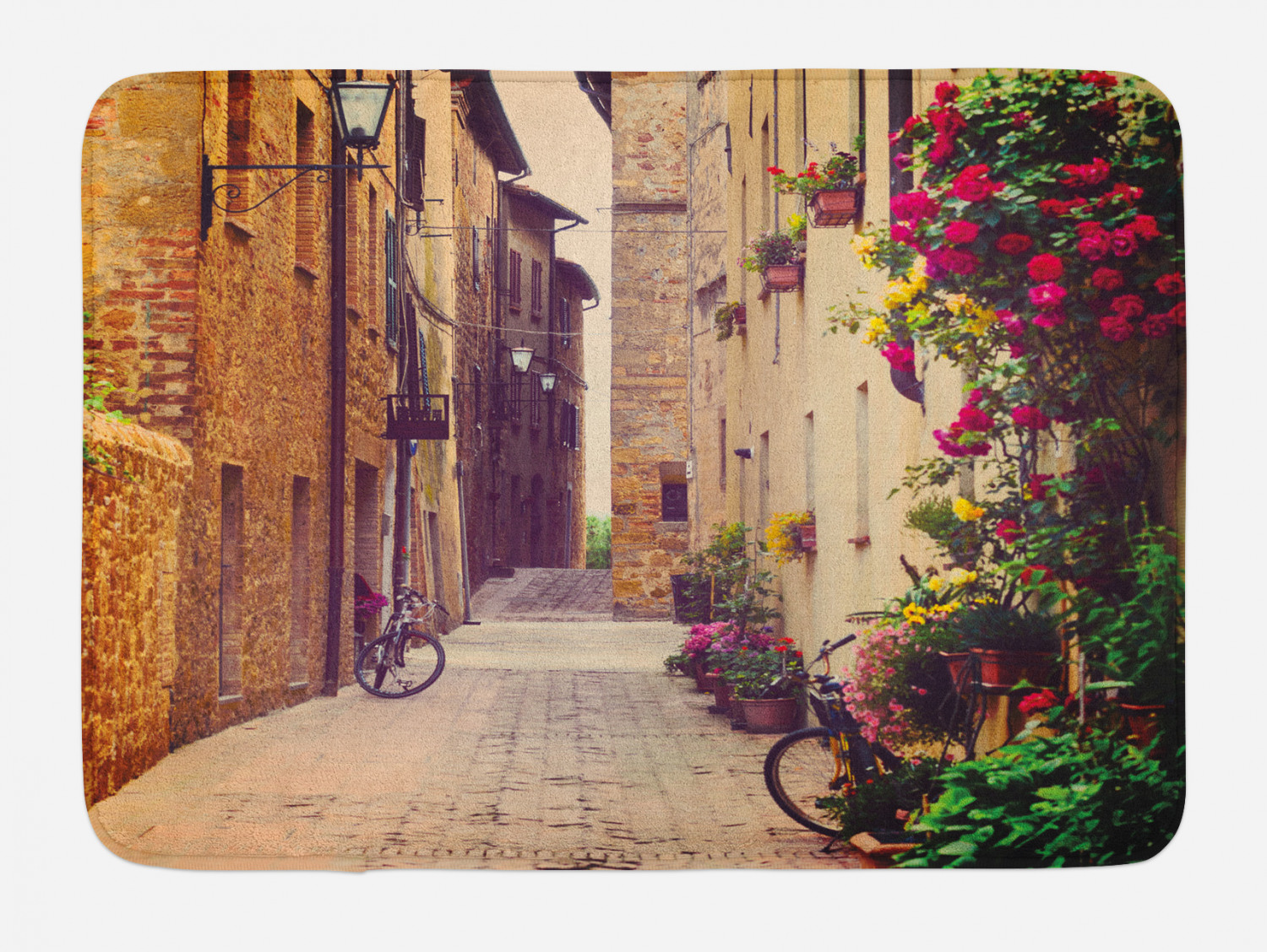Cityscape Bath Mat, Street in Pienza Tuscany Italy with Hanging Basket ...