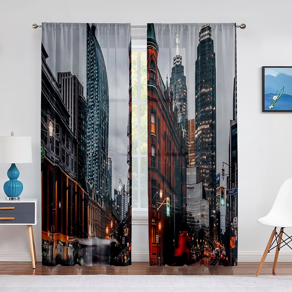 Cityscape Business Buildings Skylines Tulle Curtains for Living Room ...