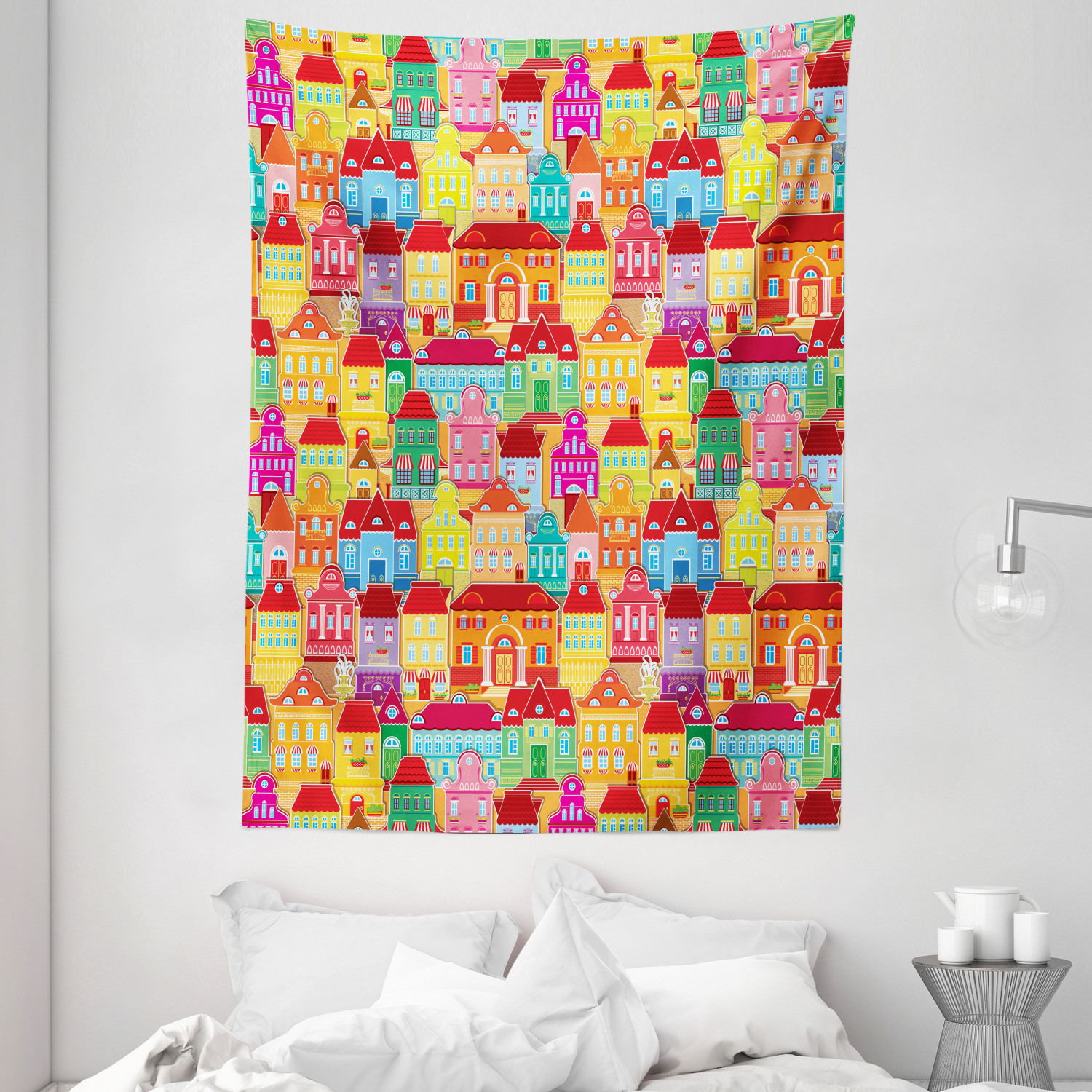 Cityscape Cartoons Tapestry, European Architecture Art Houses With ...