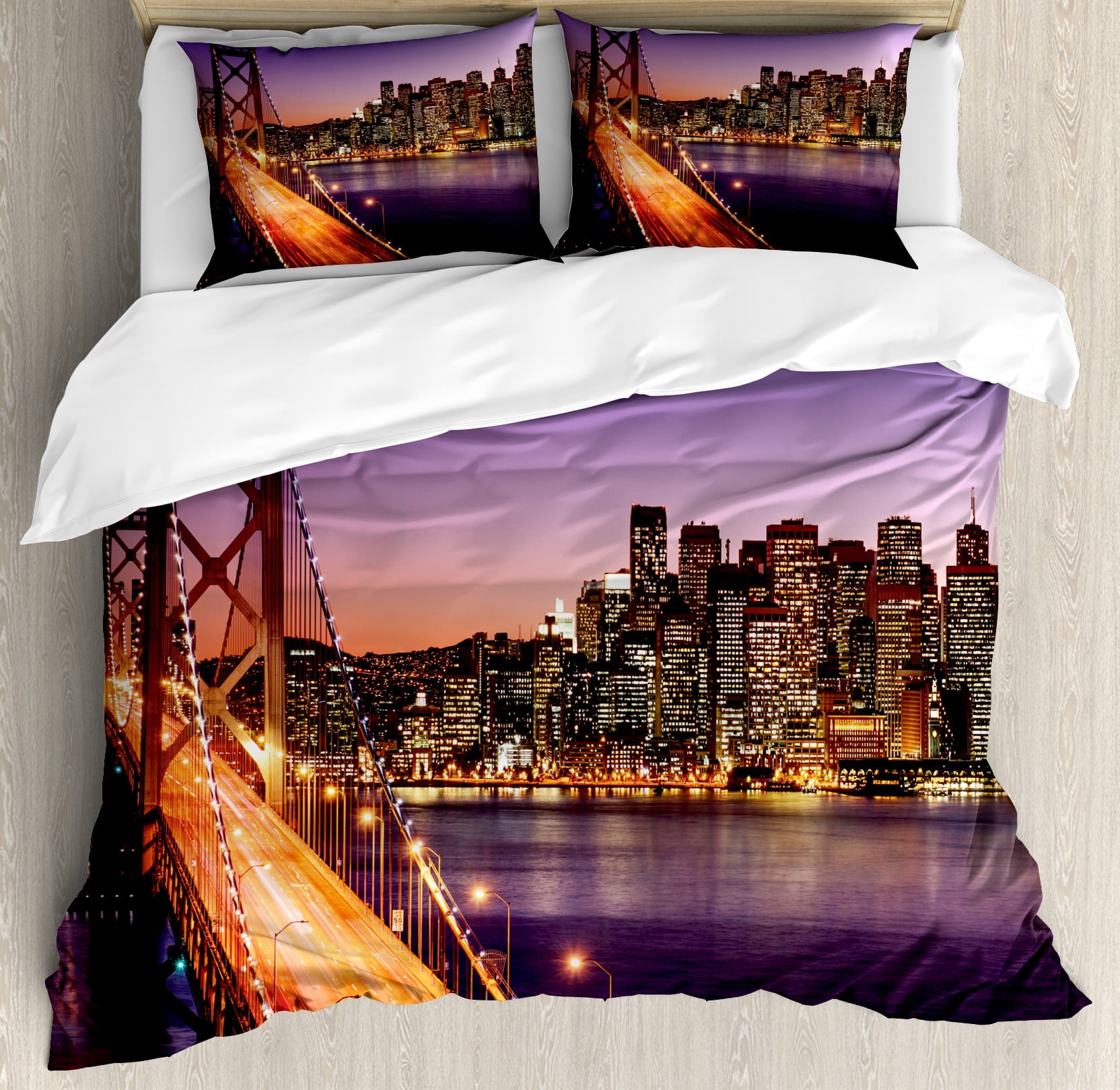 Cityscape Duvet Cover Set, City at Night Bridge on River Skyscrapers ...