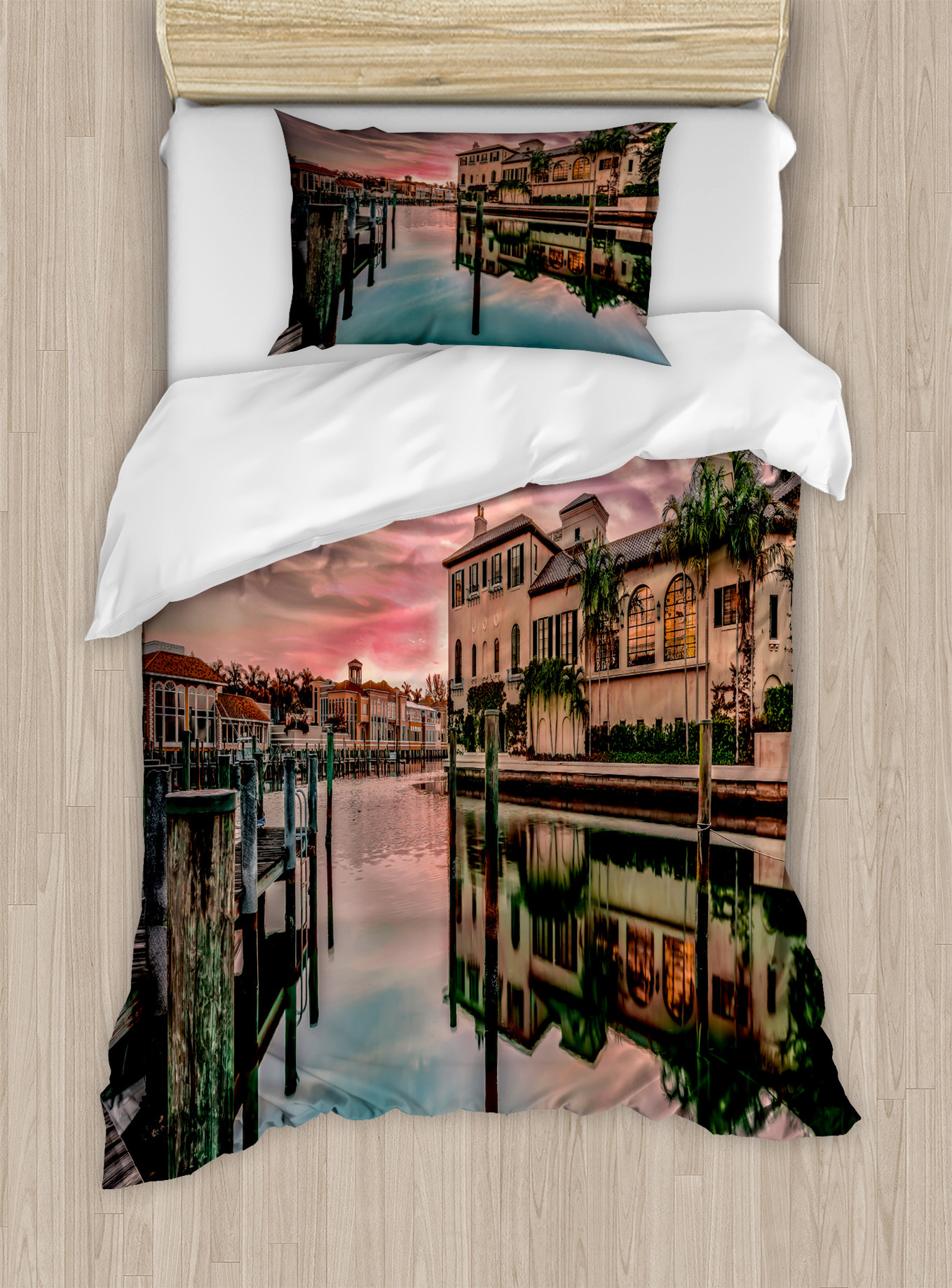 Cityscape Duvet Cover Set, Colorful Sunrise over Venetian Bay Naples ...