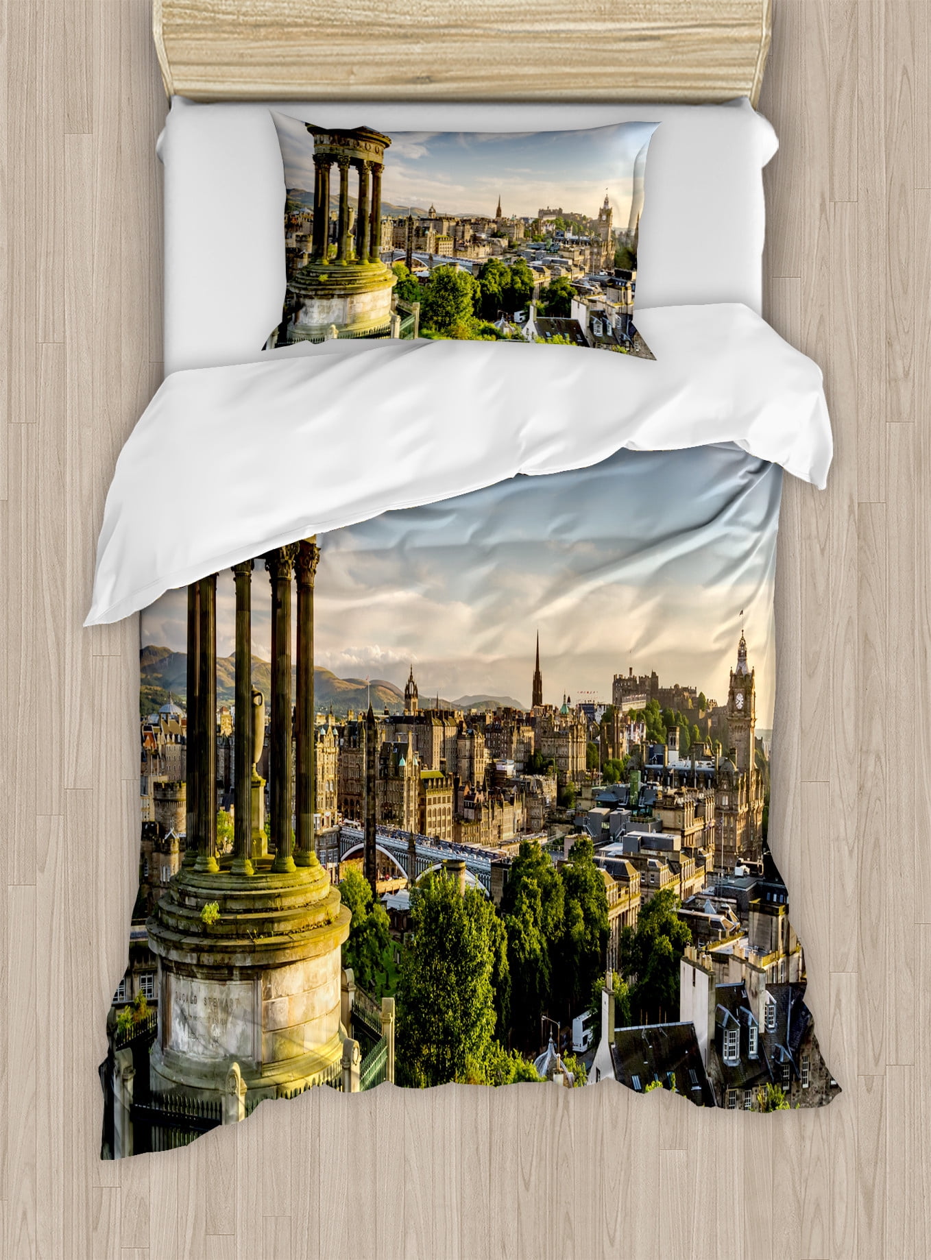 Cityscape Duvet Cover Set, Edinburgh Town Aerial View of Historical ...