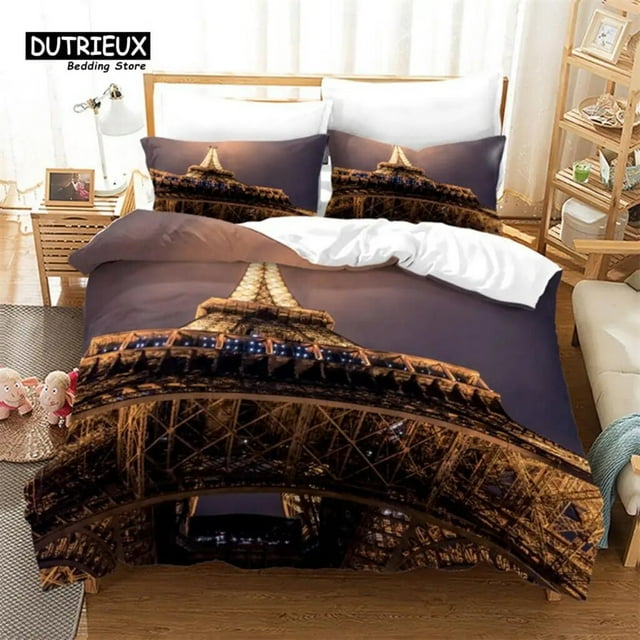 Cityscape Duvet Cover Set Europe Building Bedding Set Paris City Night