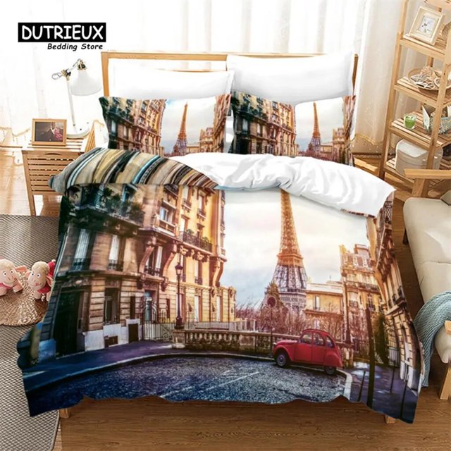 Cityscape Duvet Cover Set Europe Building Bedding Set Paris City Night