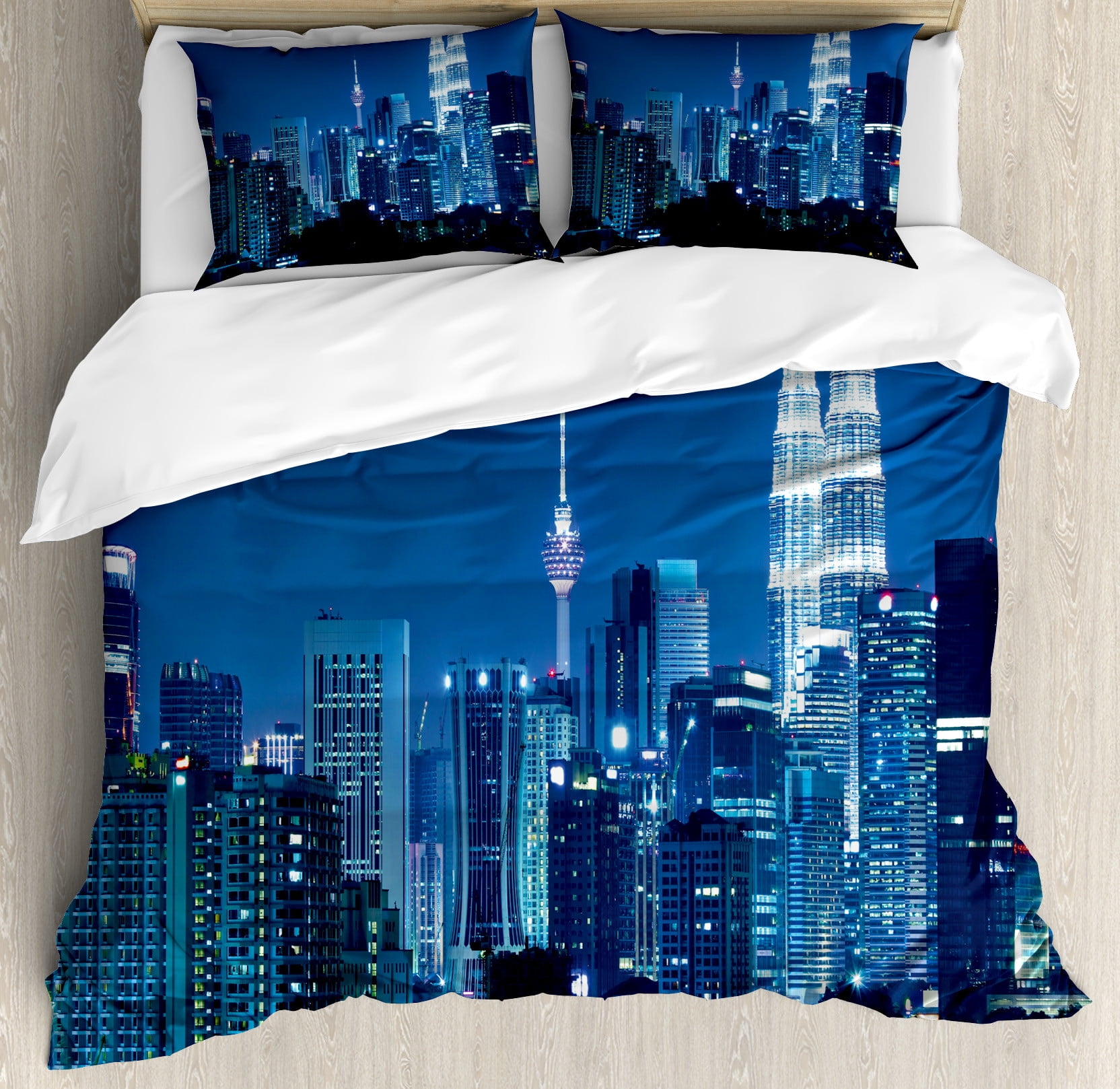 Cityscape Duvet Cover Set, Kuala Lumpur Skyline Night KLCC Twin Towers ...