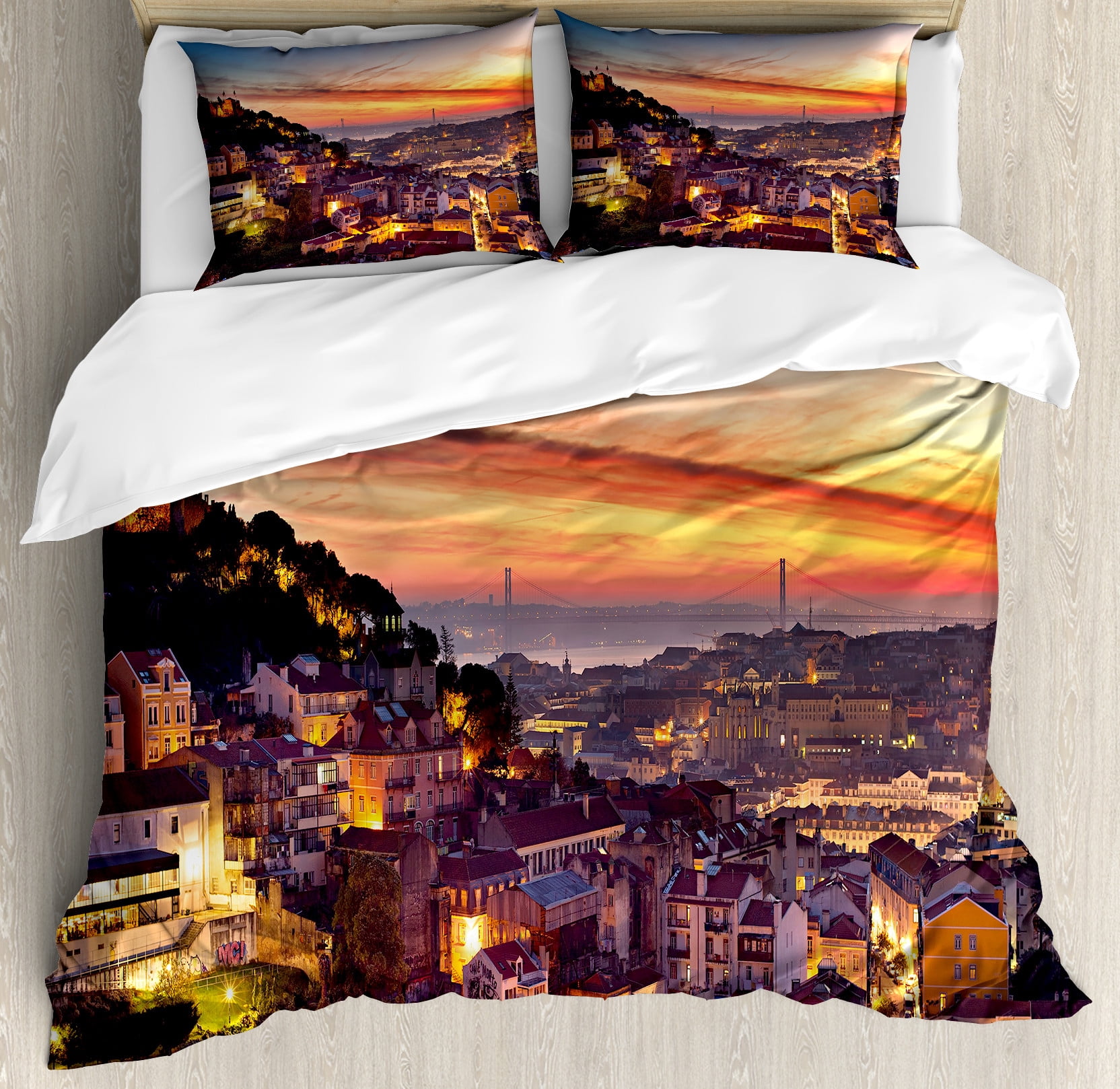 Cityscape Duvet Cover Set, Cityscape of Lisbon Portugal Traditional ...