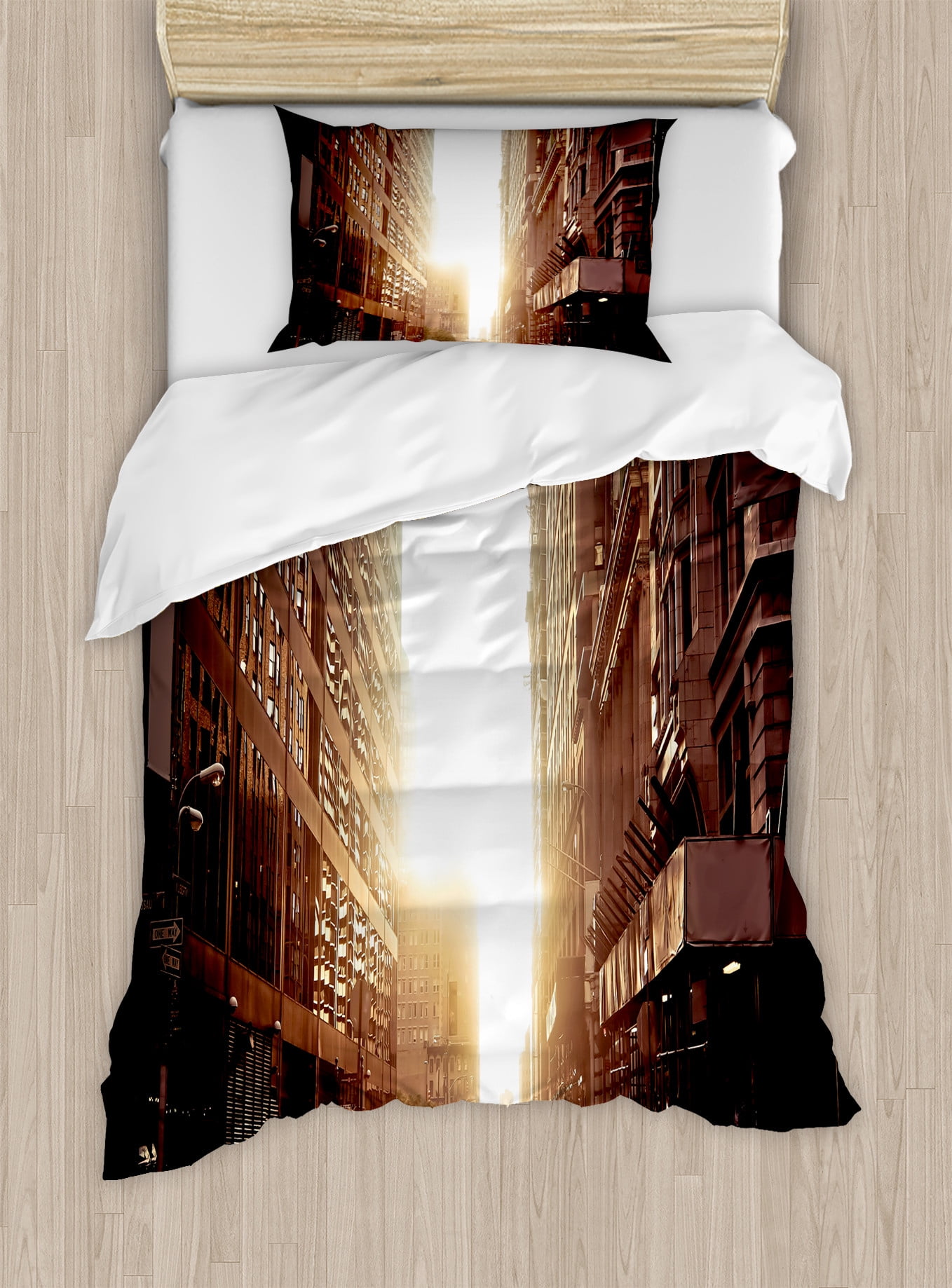 Cityscape Duvet Cover Set, New York Street with High Skyscrapers at ...