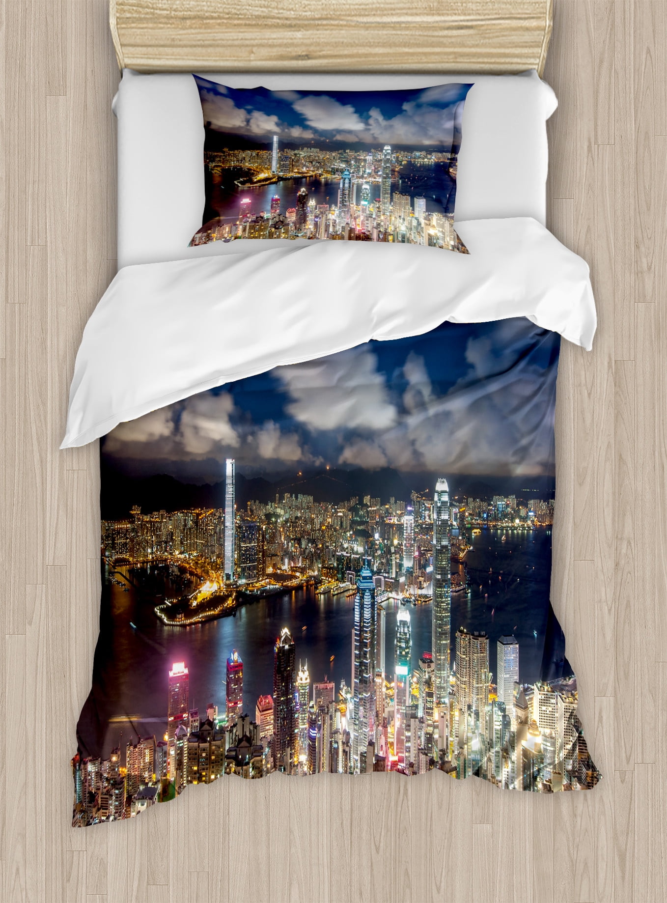 Cityscape Duvet Cover Set, Night View Hong Kong Victoria Harbor ...