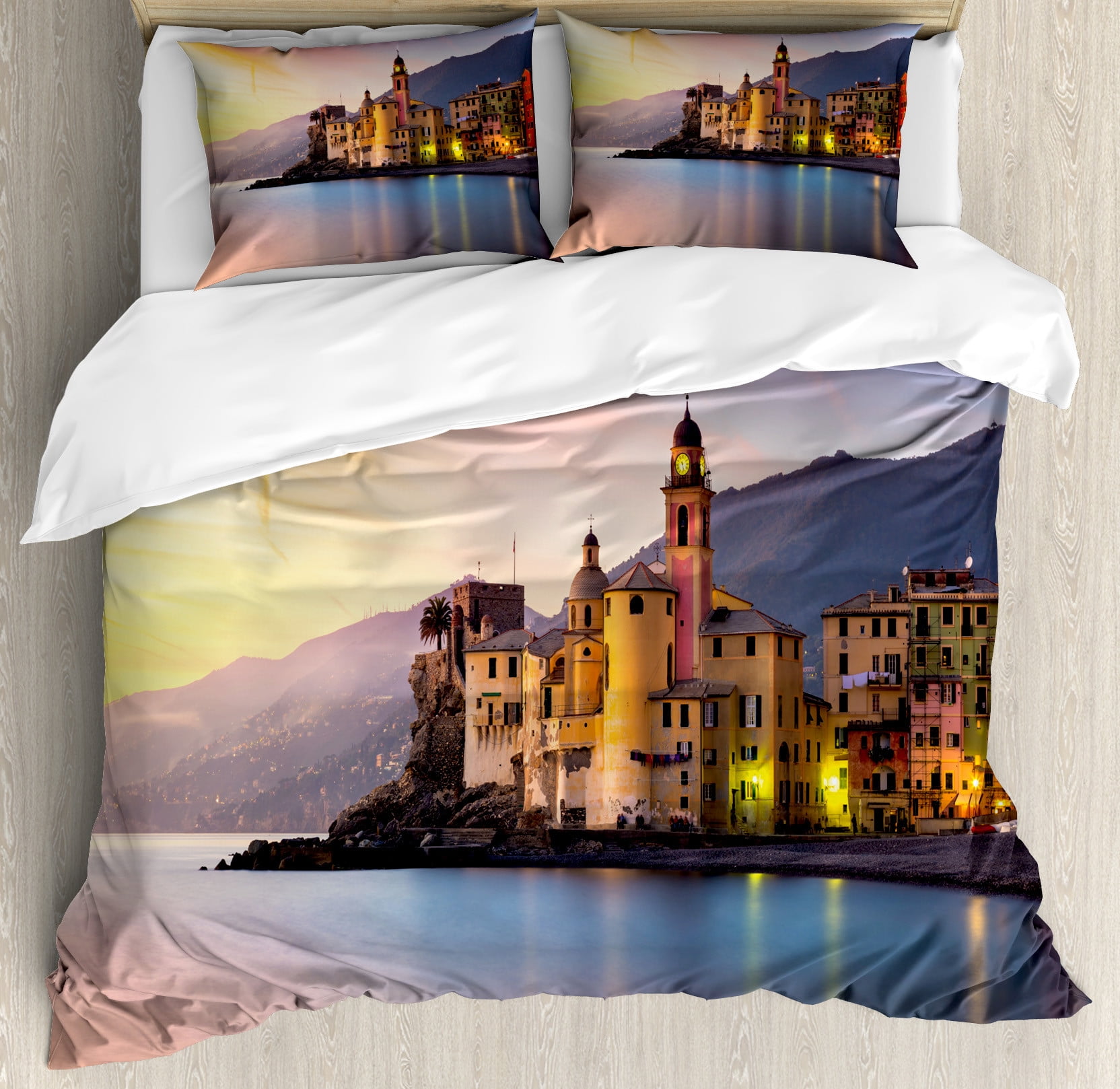Cityscape Duvet Cover Set, Old Mediterranean Town Camogli of Italy at ...