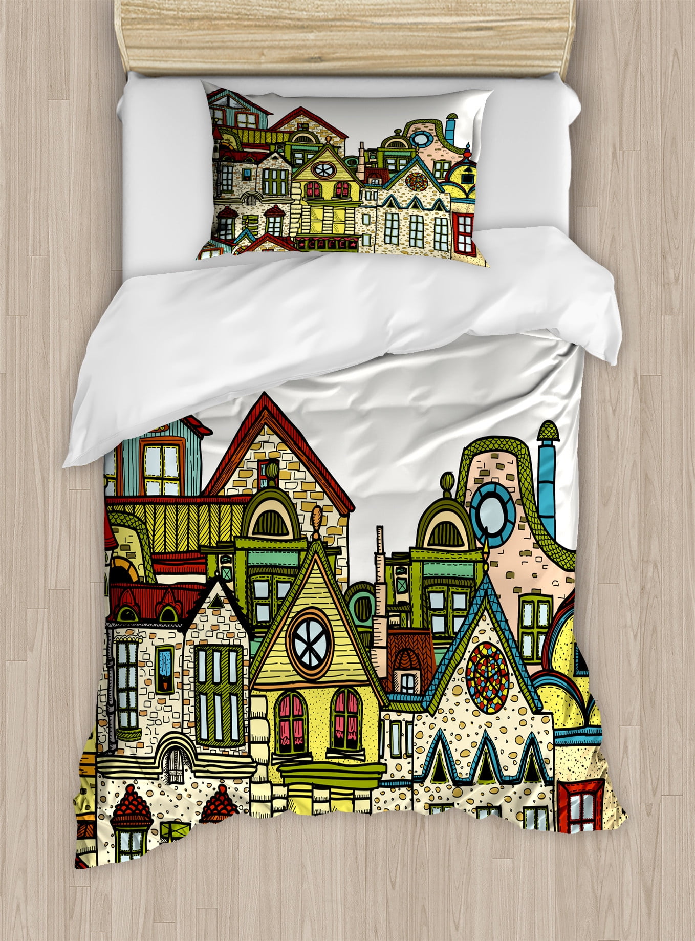 Cityscape Duvet Cover Set, Old Town Retro Art with Colorful Apartments ...