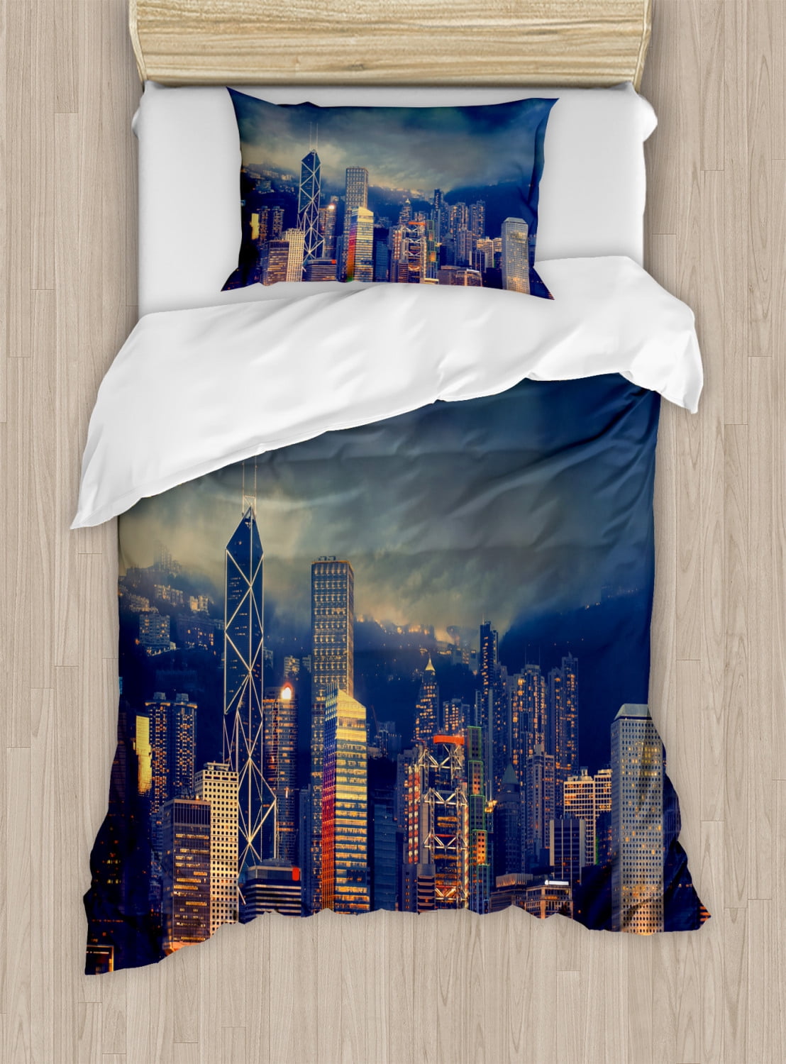 Cityscape Duvet Cover Set Twin Size, Hong Kong Cityscape Stormy Weather ...