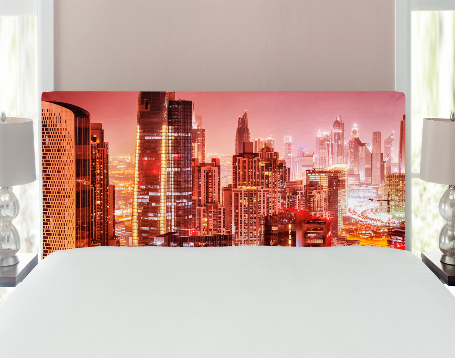 Cityscape Headboard, Dubai at Night Scenery Tall Skyscrapers Panorama ...