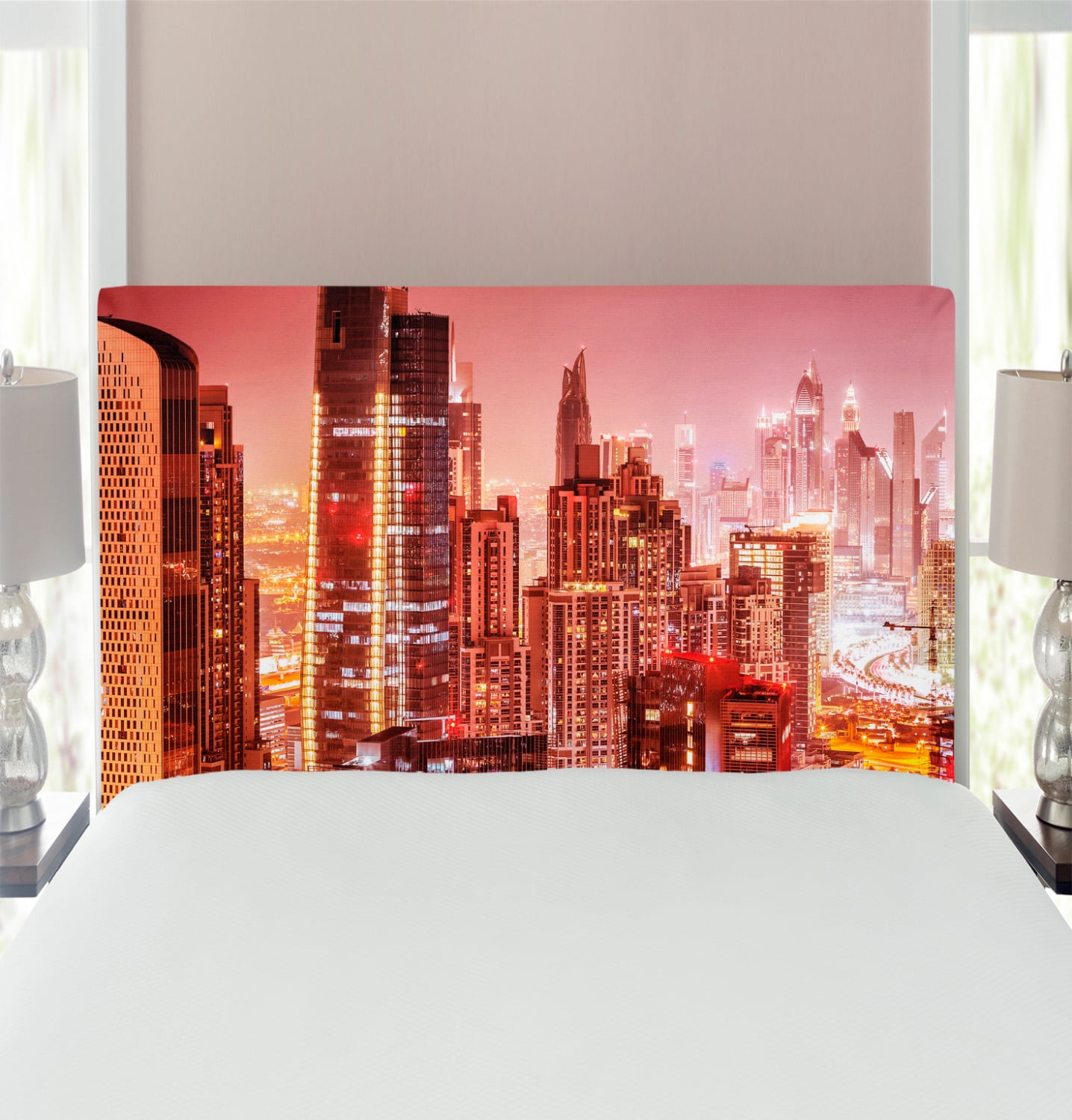 Cityscape Headboard, Dubai at Night Scenery Tall Skyscrapers Panorama ...