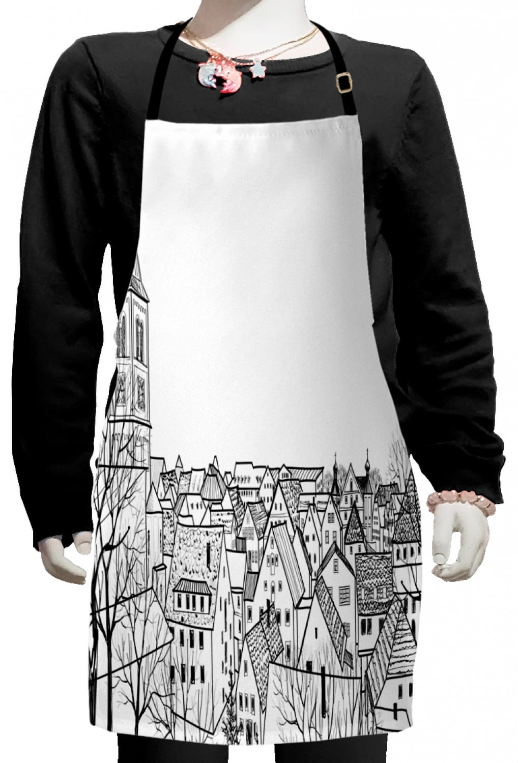 Cityscape Kids Apron, Sketch Style Rooftop View of City Residential ...