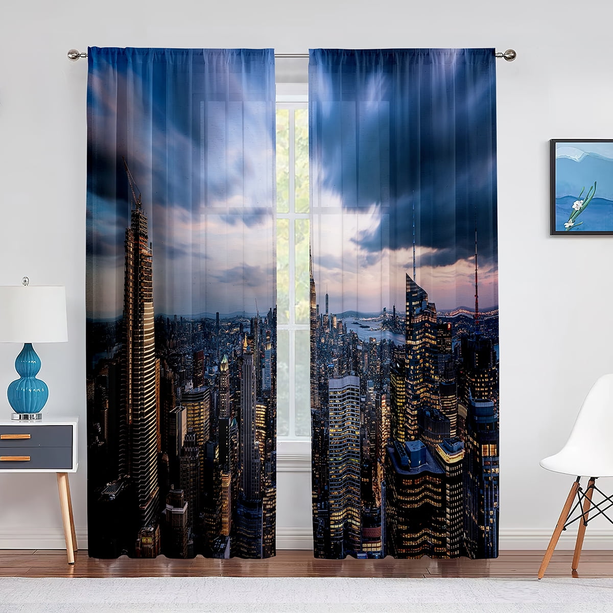 Cityscape New York Night Skyline Scenery View Chiffon Sheer Curtains ...