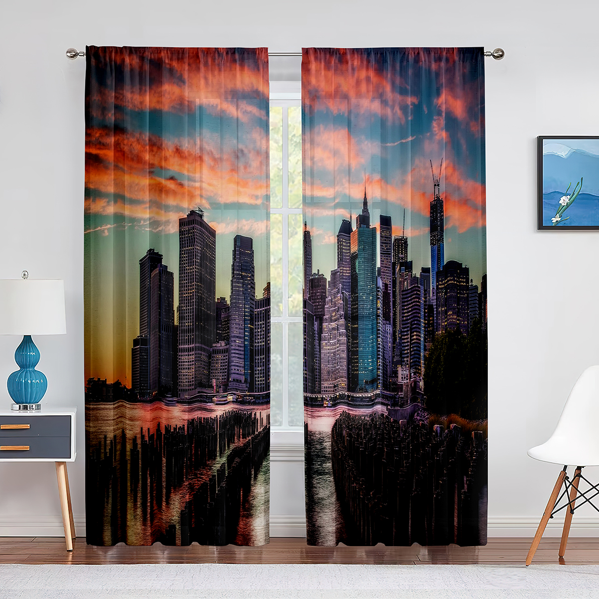 Cityscape New York Night Skyline Scenery View Chiffon Sheer Curtains ...