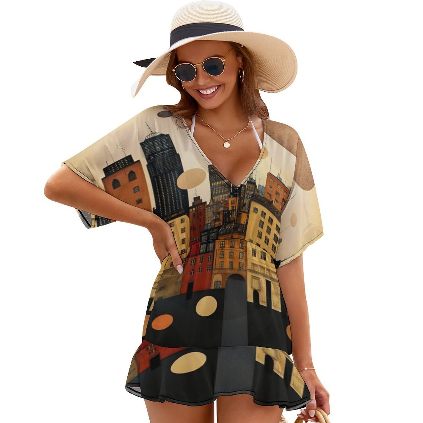 Cityscape Night Glow Art Beach Cover Ups Women V Neck Short Sleeve ...