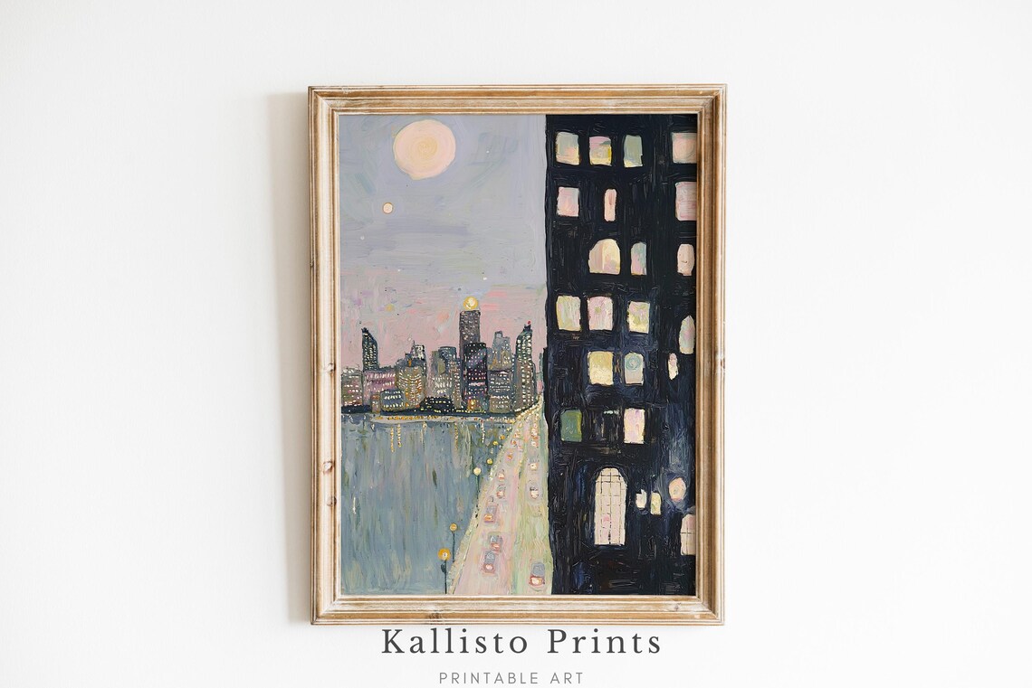 Cityscape Night Print Poster, Urban Skyline Wall Art, Impressionist ...