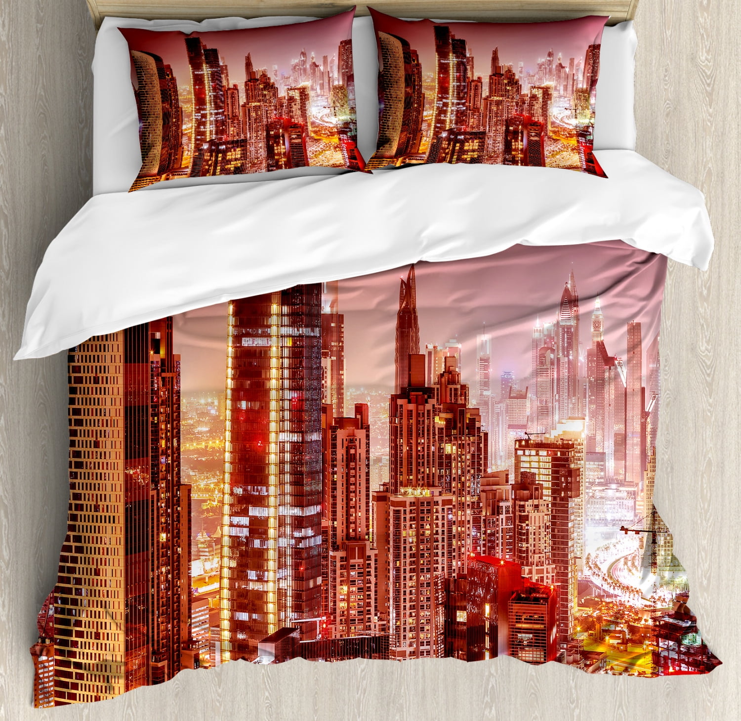 Cityscape Queen Size Duvet Cover Set, Dubai at Night Cityscape with ...