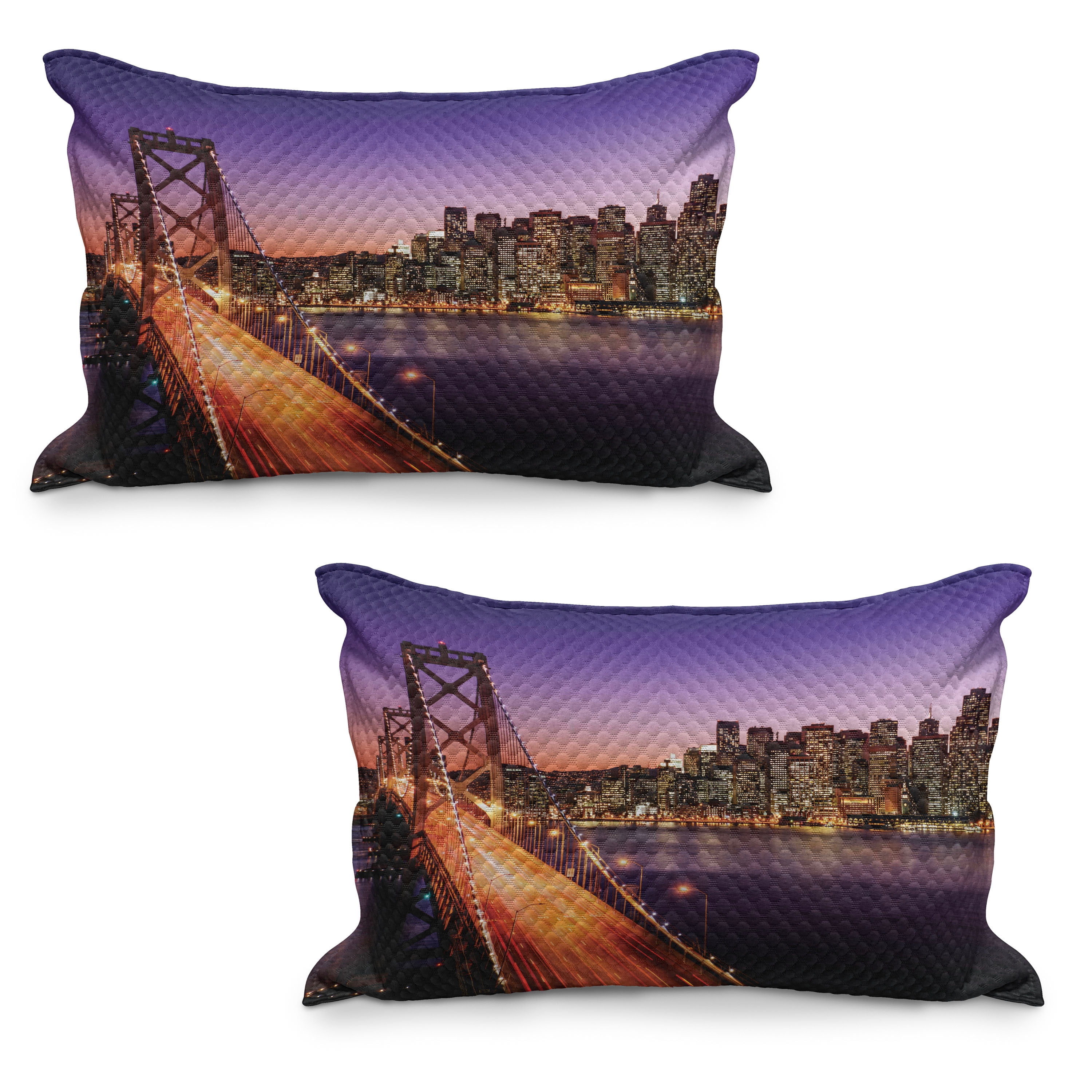 Cityscape Quilted Pillowcover Set of 2, City at Night Bridge on River ...