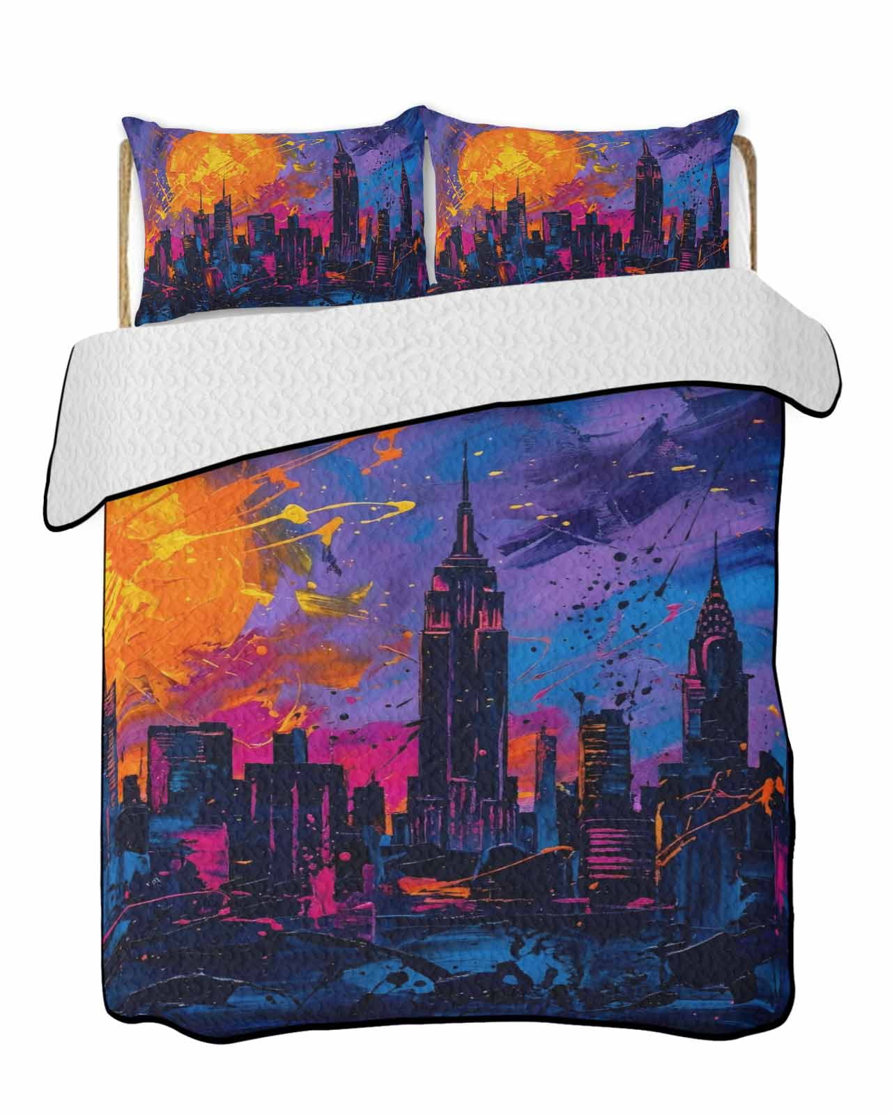 Cityscape Quilts Bedding Set Queen Size Art Vibrant Sunset Orange ...