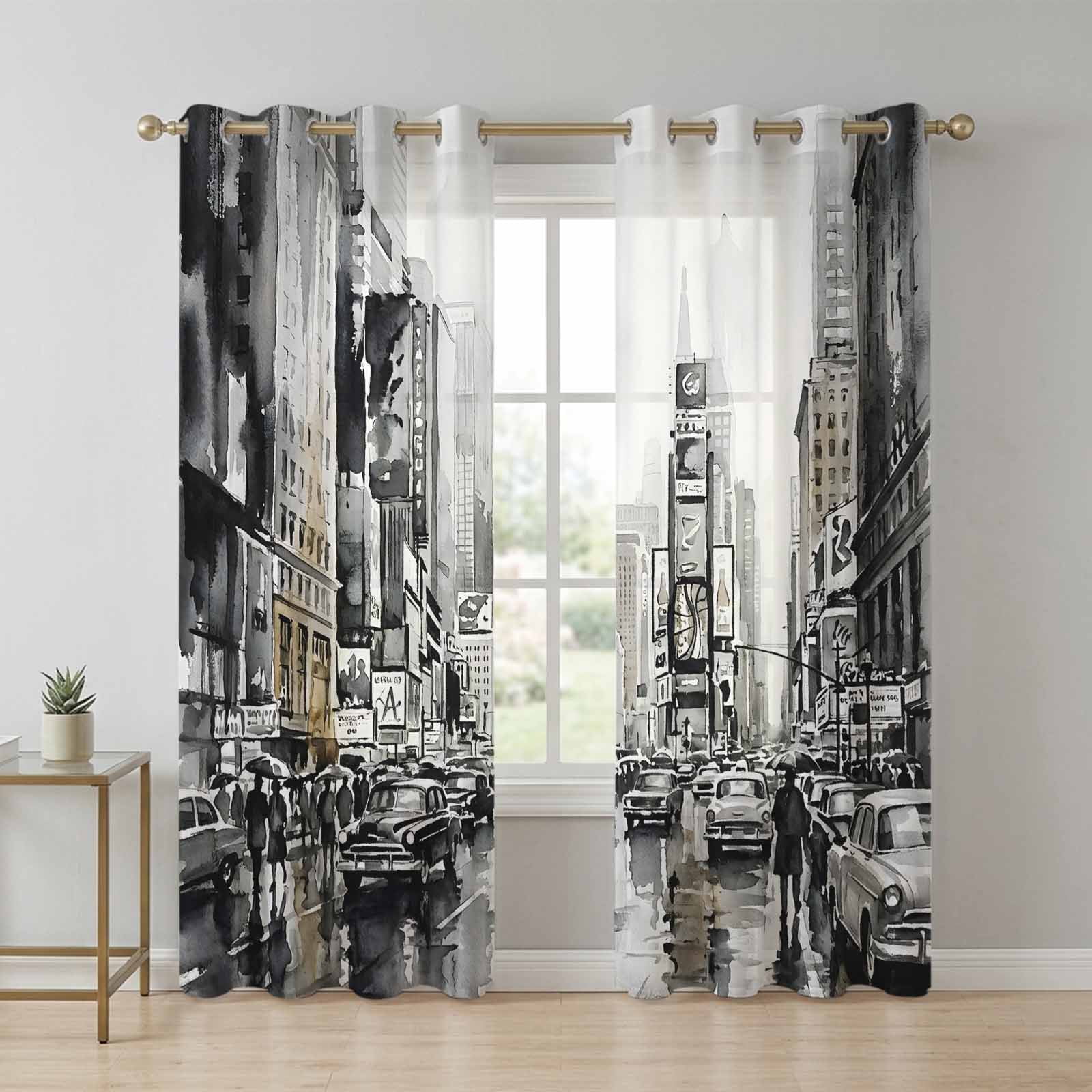 Cityscape Sheer Curtains 72 Inch Long 2 Panels, Retro Watercolor Black ...