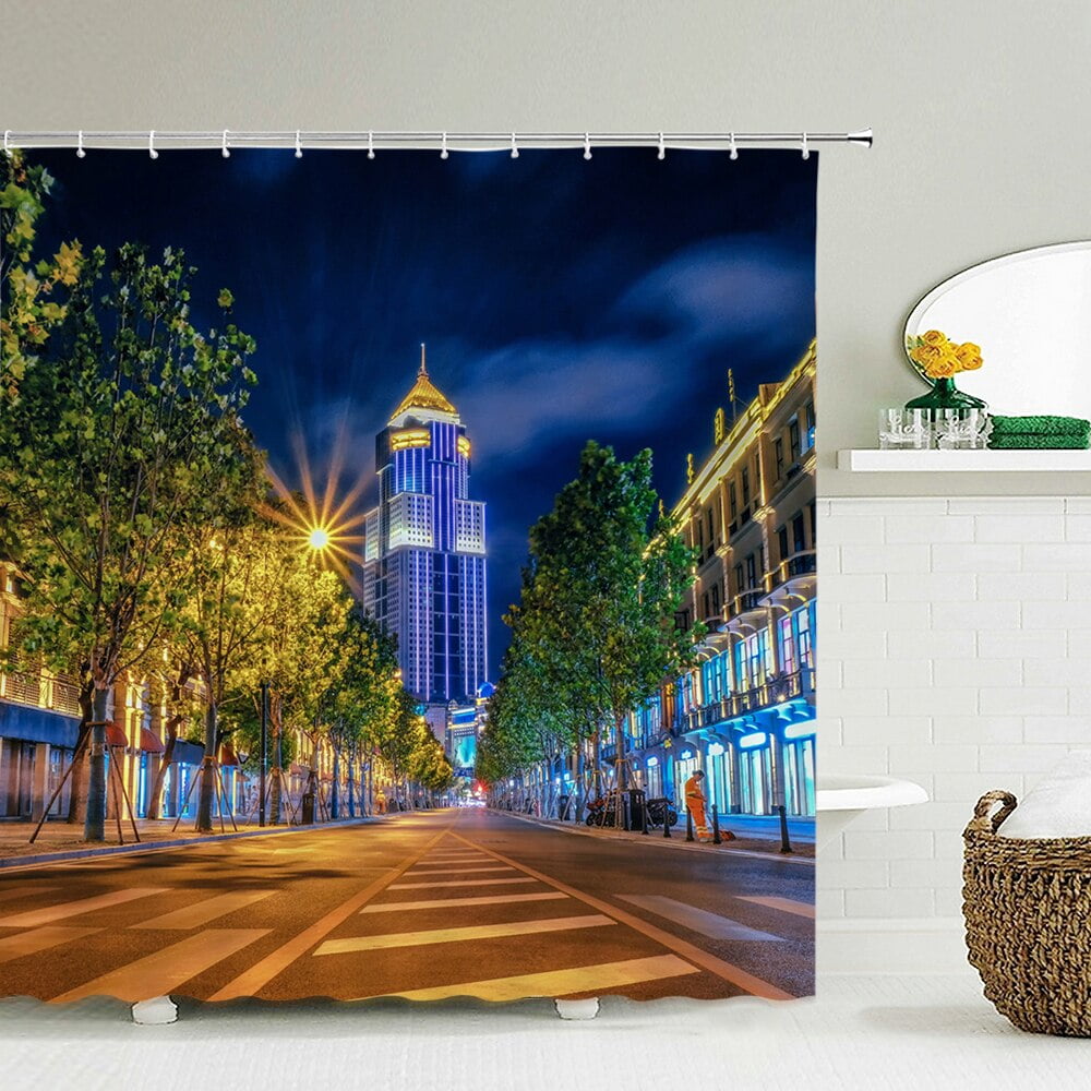 Cityscape Shower Curtain Nyc Night Skyline Scenery View Artwork Picture
