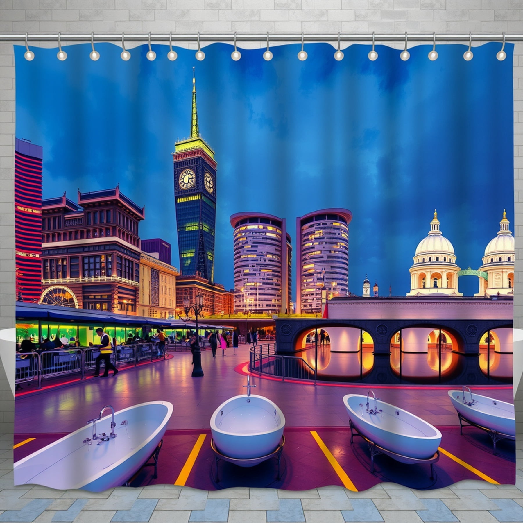 Cityscape Shower Curtain with Clock Tower & Modern Buildings - Walmart.com