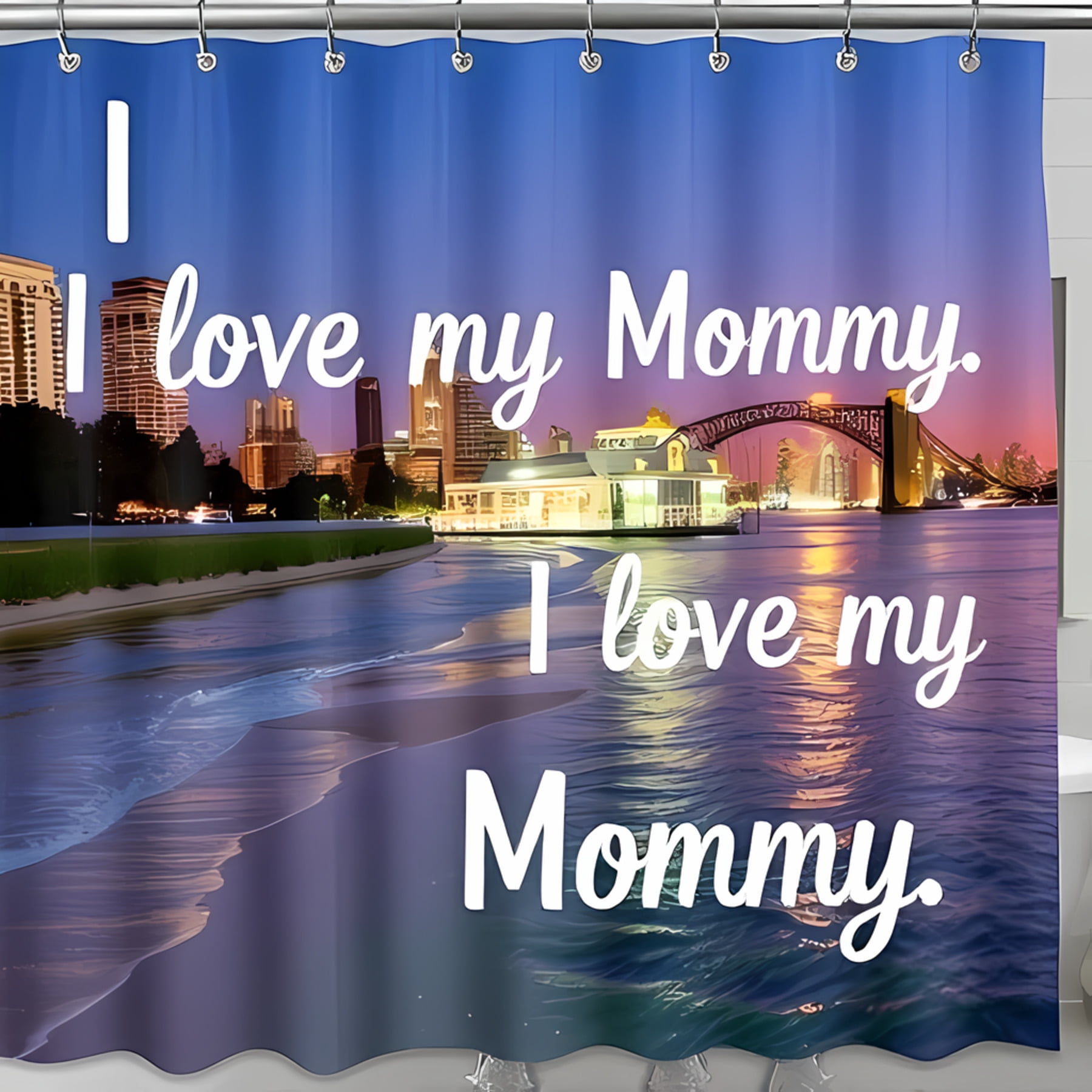 Cityscape Shower Curtain with " I Love My Mommy " in Cursive - Serene ...