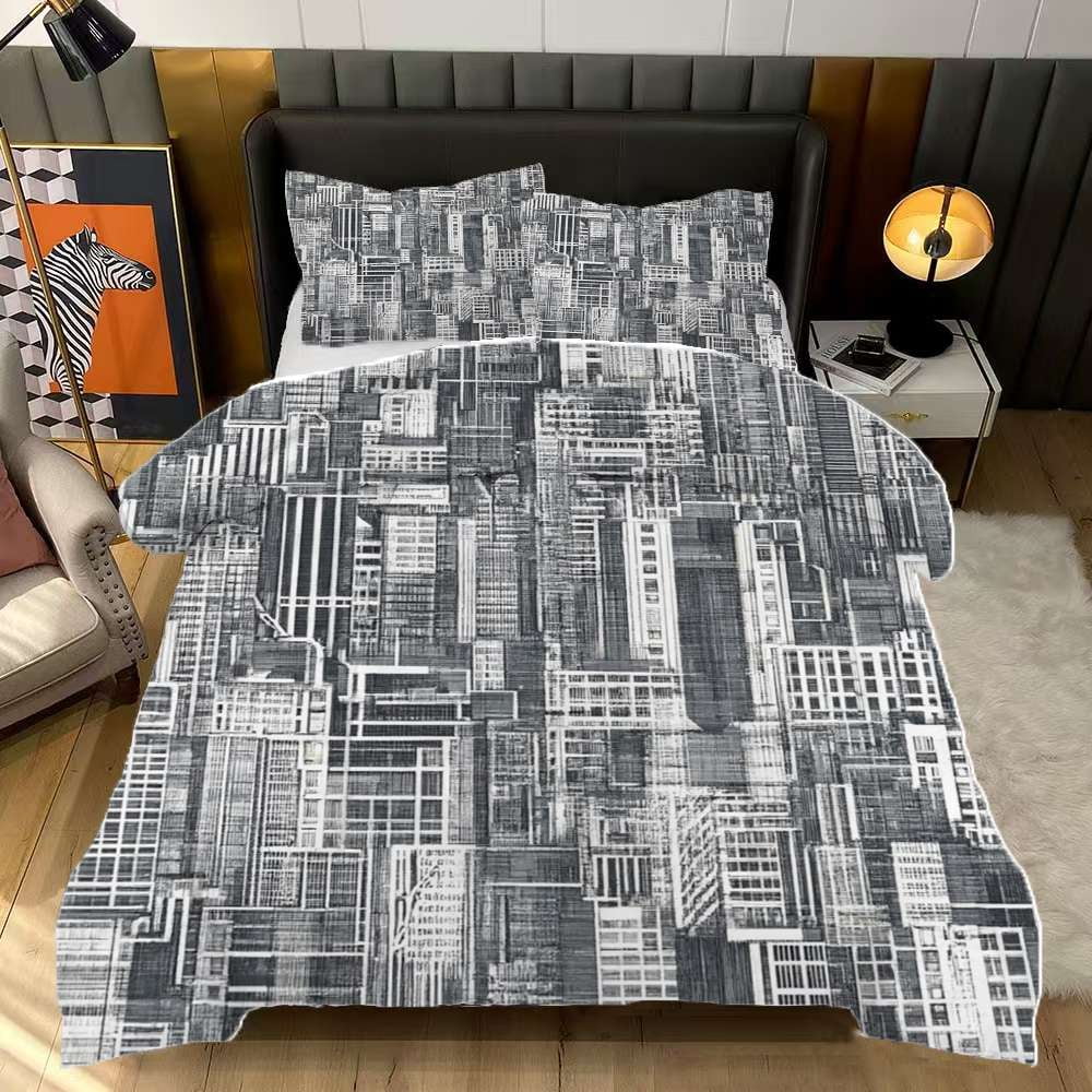 Cityscape Sketch Monochrome Abstract Art Comforter Set Twin Size Bedding Set For Travl Bedroom ...