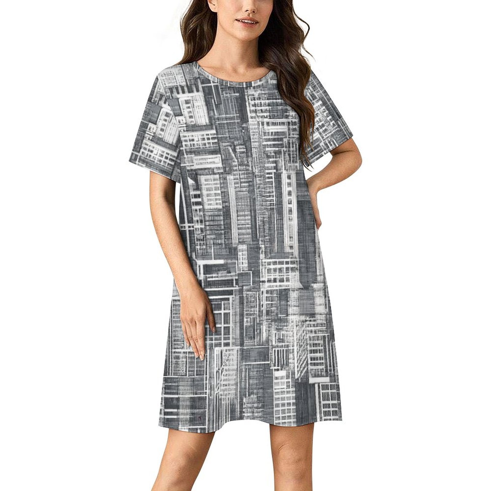 Cityscape Sketch Monochrome Abstract Art Women Nightgown Sleepwear ...