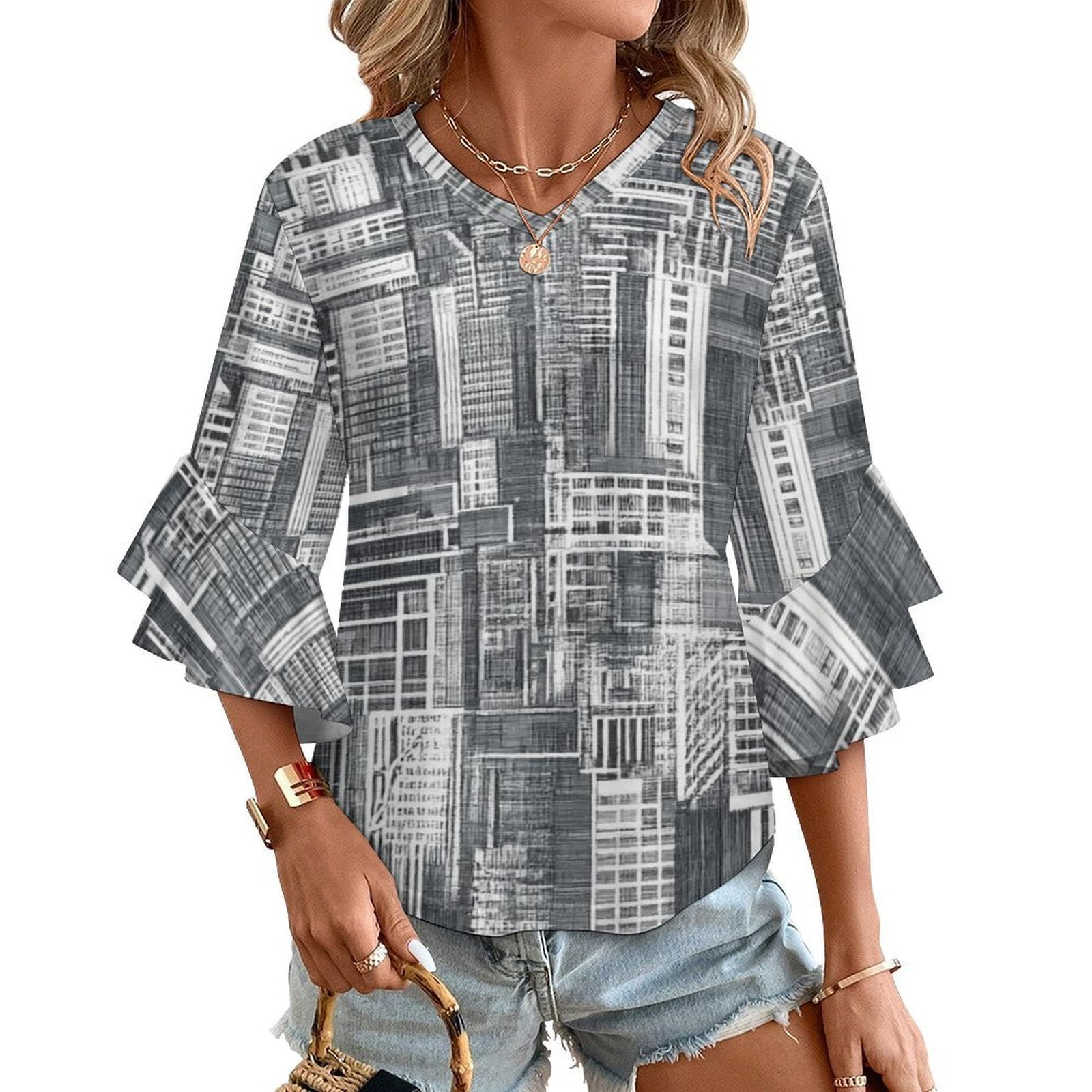 Cityscape Sketch Monochrome Abstract Art Women's V-Neck Blouse With 3/4 ...