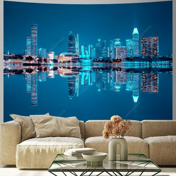 Cityscape Tapestry Reflection of City Night Lights Wall Hanging for Hippie Boho Aesthetic Room r ...
