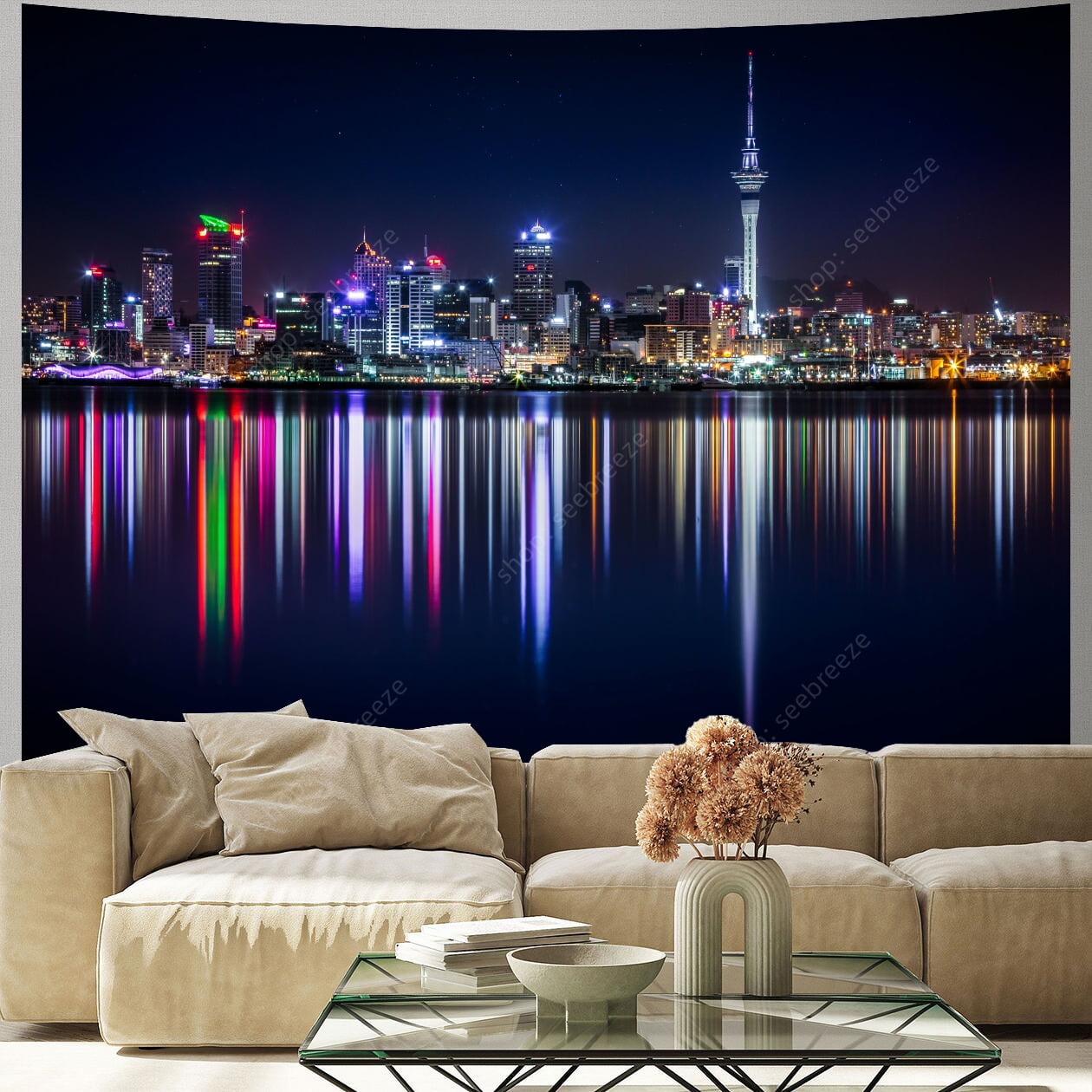 Cityscape Tapestry Reflection of City Night Lights Wall Hanging for Hippie Boho Aesthetic Room r ...