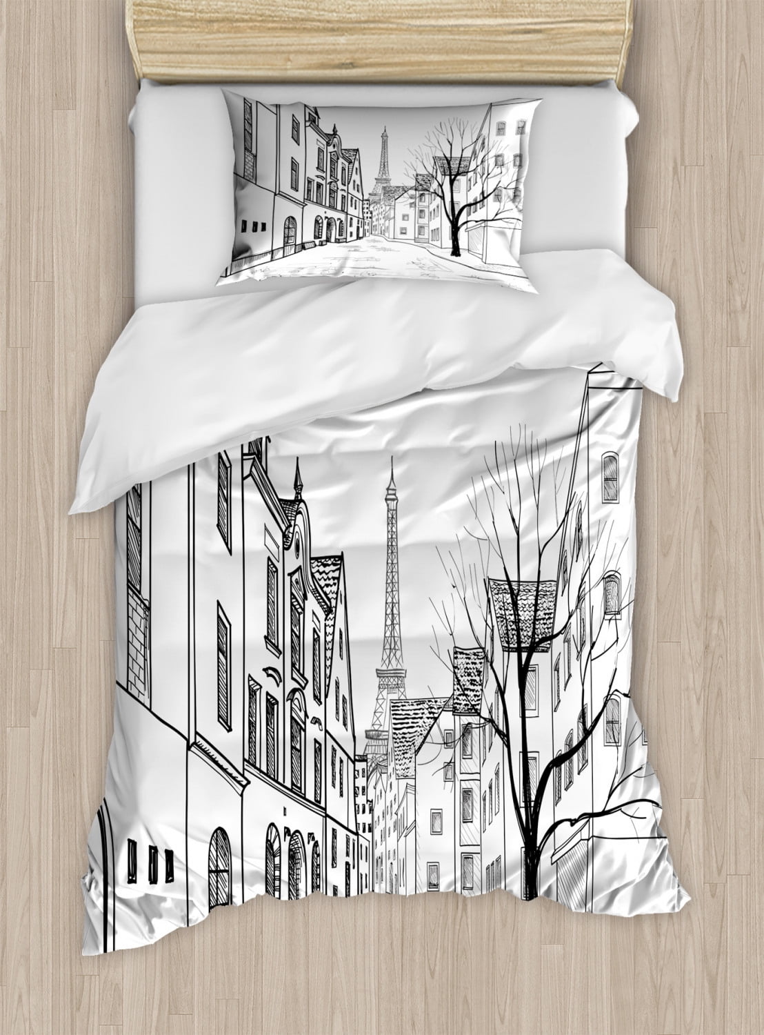 Cityscape Twin Size Duvet Cover Set, Paris Street with Houses Buildings ...